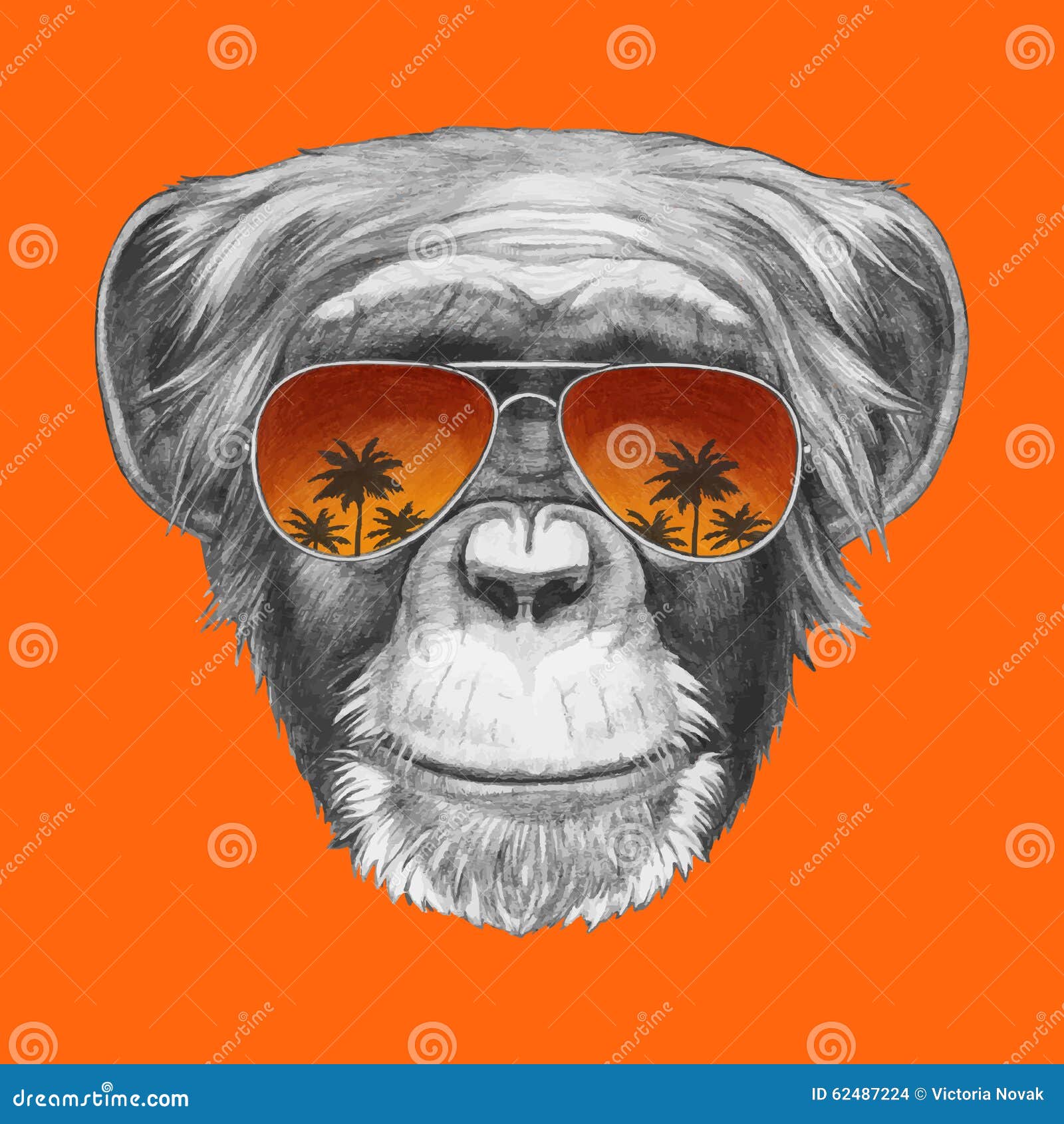 Hand Drawn Portrait Of Monkey With Mirror Sunglasses. Vector ...