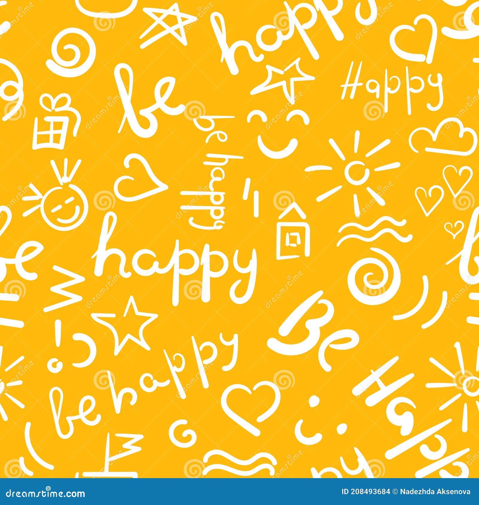 Hand Drawn Positive Words Be Happy Seamless Pattern. Vector Background ...