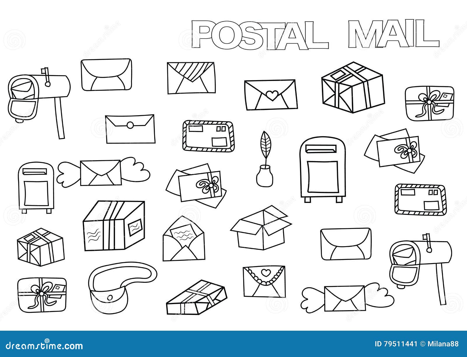 Hand Drawn Postal Set. Coloring Book Page Template Stock Vector ...