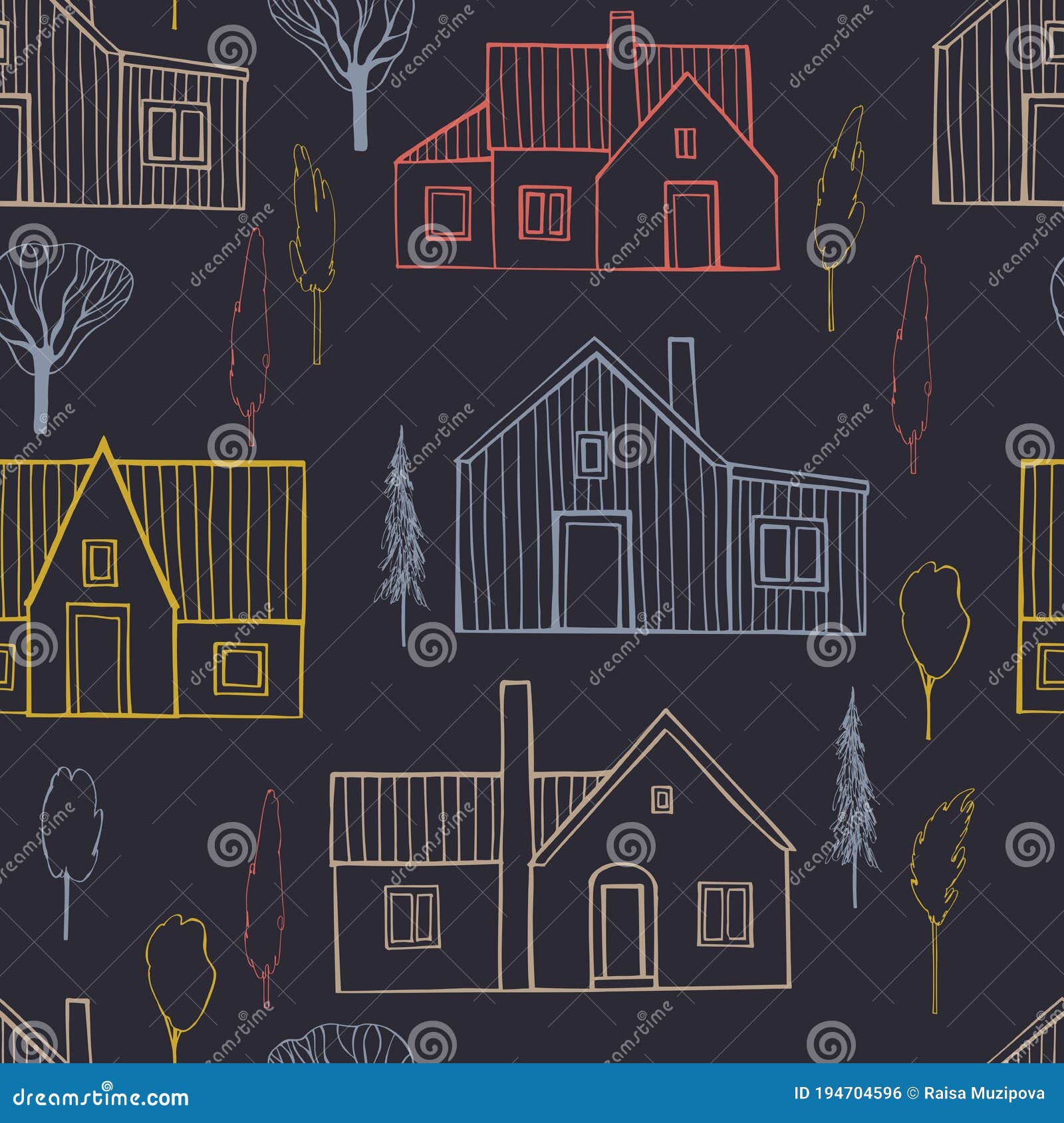 Houses and Trees. Vector Seamless Pattern Stock Vector - Illustration ...