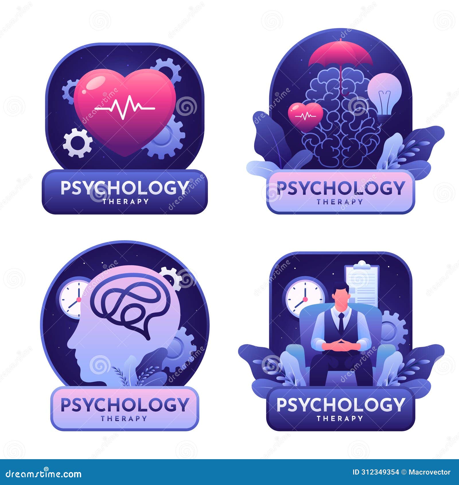 Hand Drawn Psychology Concept Emblem Set Stock Illustration ...