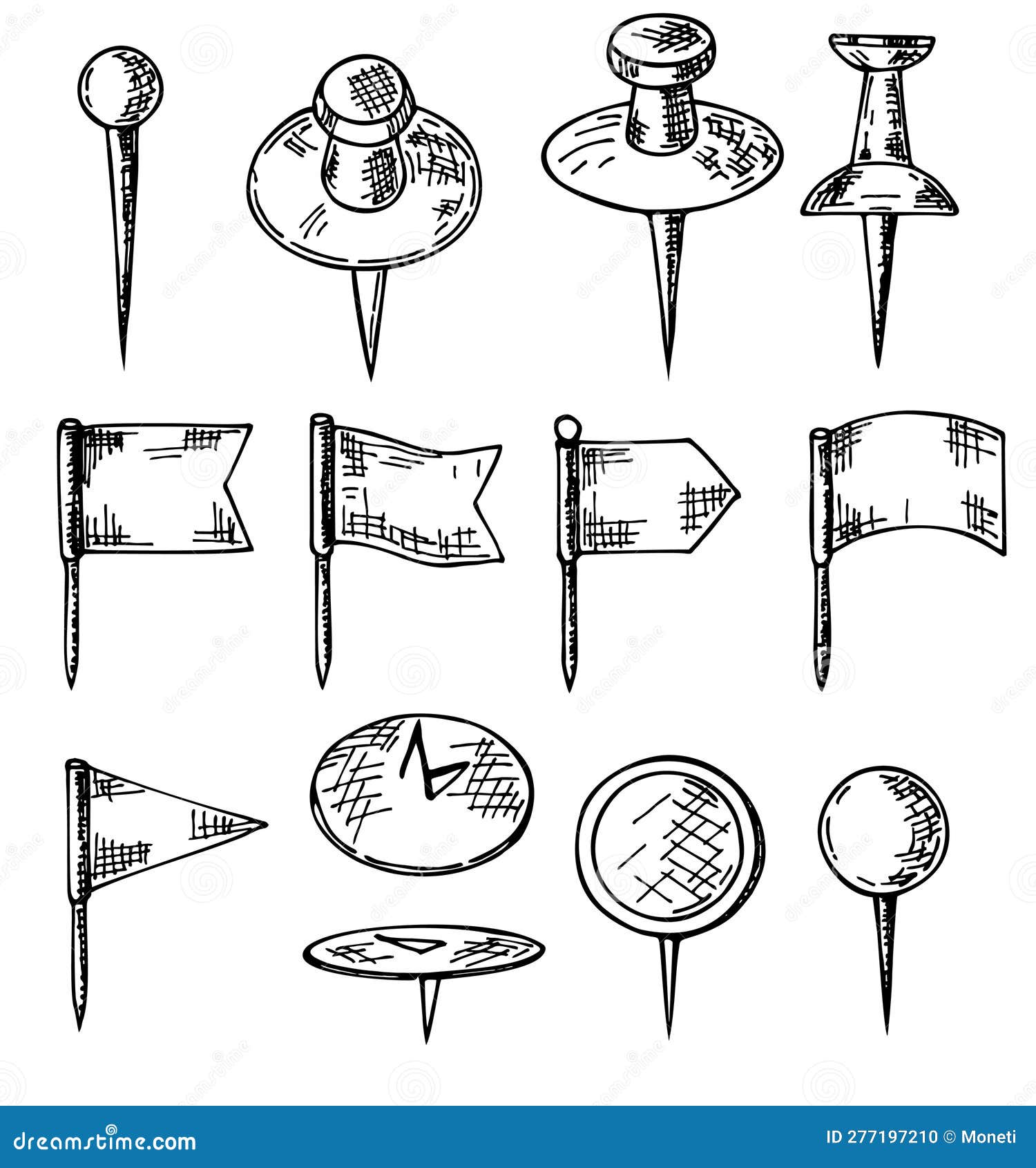 Hand Drawn Push Pins, Vector Doodle Navigation Pins Set. Pointer of ...