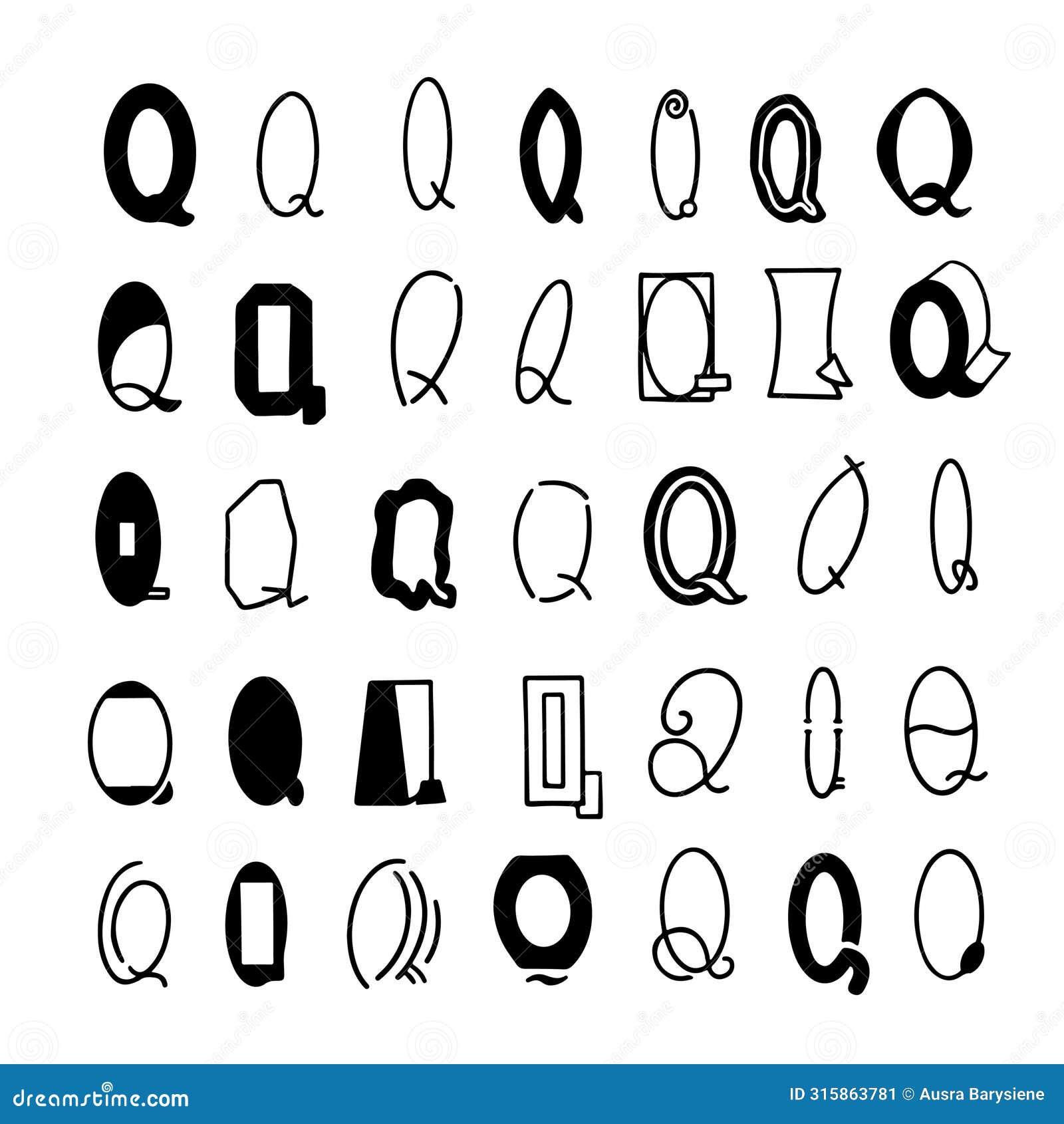 Hand Drawn Q Letters in Different Fonts and Styles. Stock Vector ...