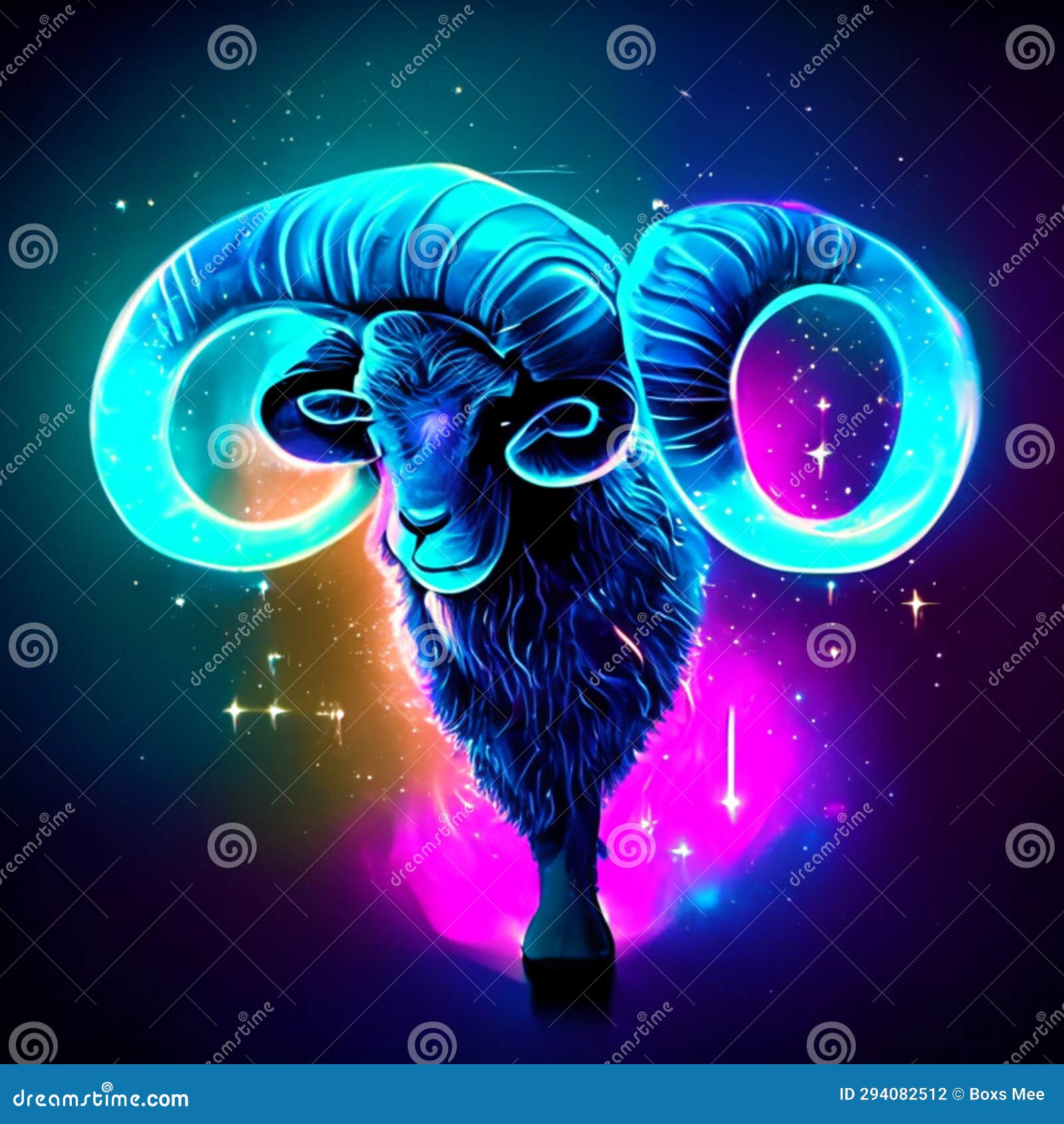 Hand Drawn Ram Zodiac Sign in Neon Style. Vector Illustration Stock ...