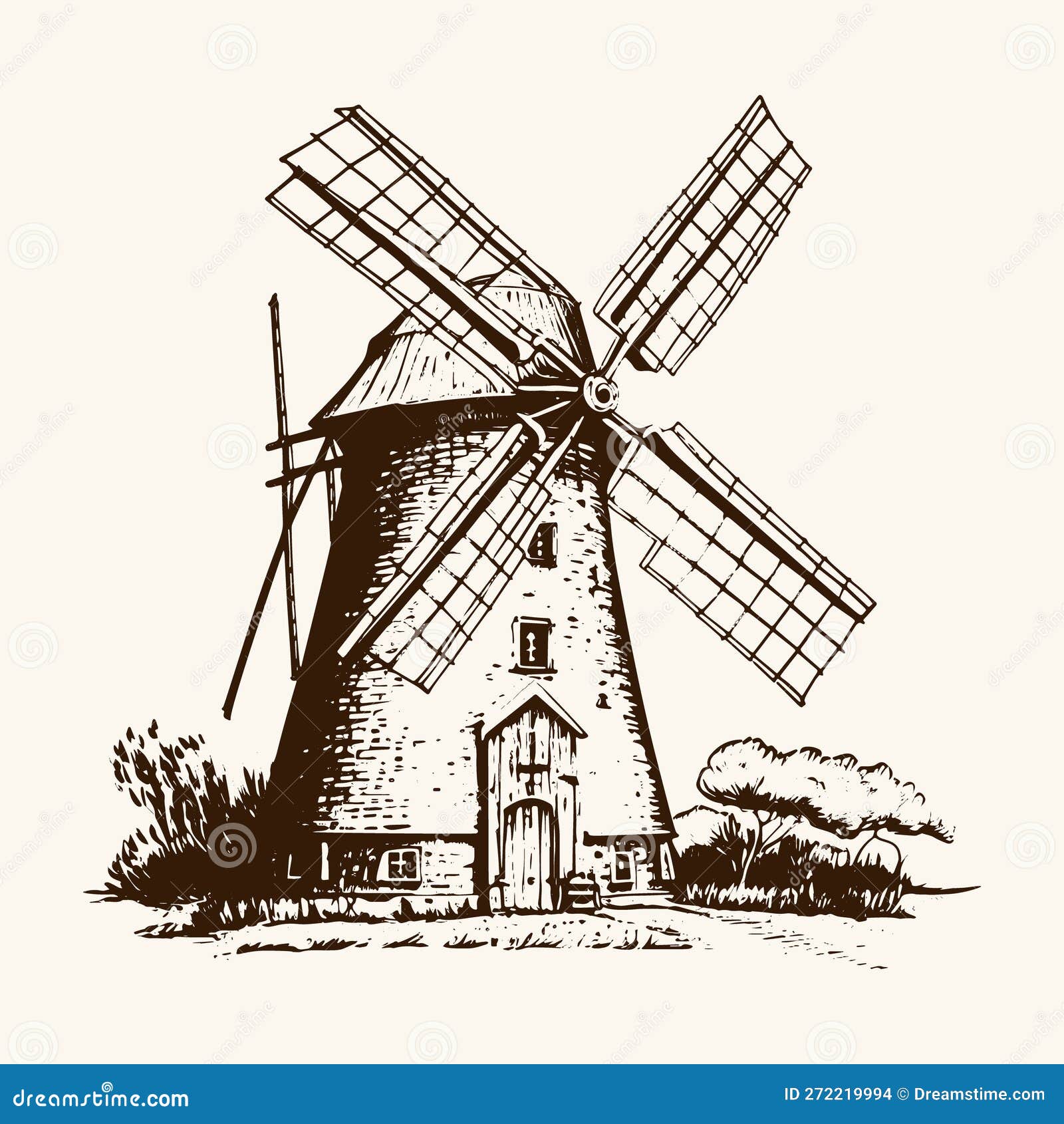 Old Windmill, Architectural Vintage Building Hand Drawn Vector ... Old Windmill, Architectural Vintage Building Hand Drawn Vector ...