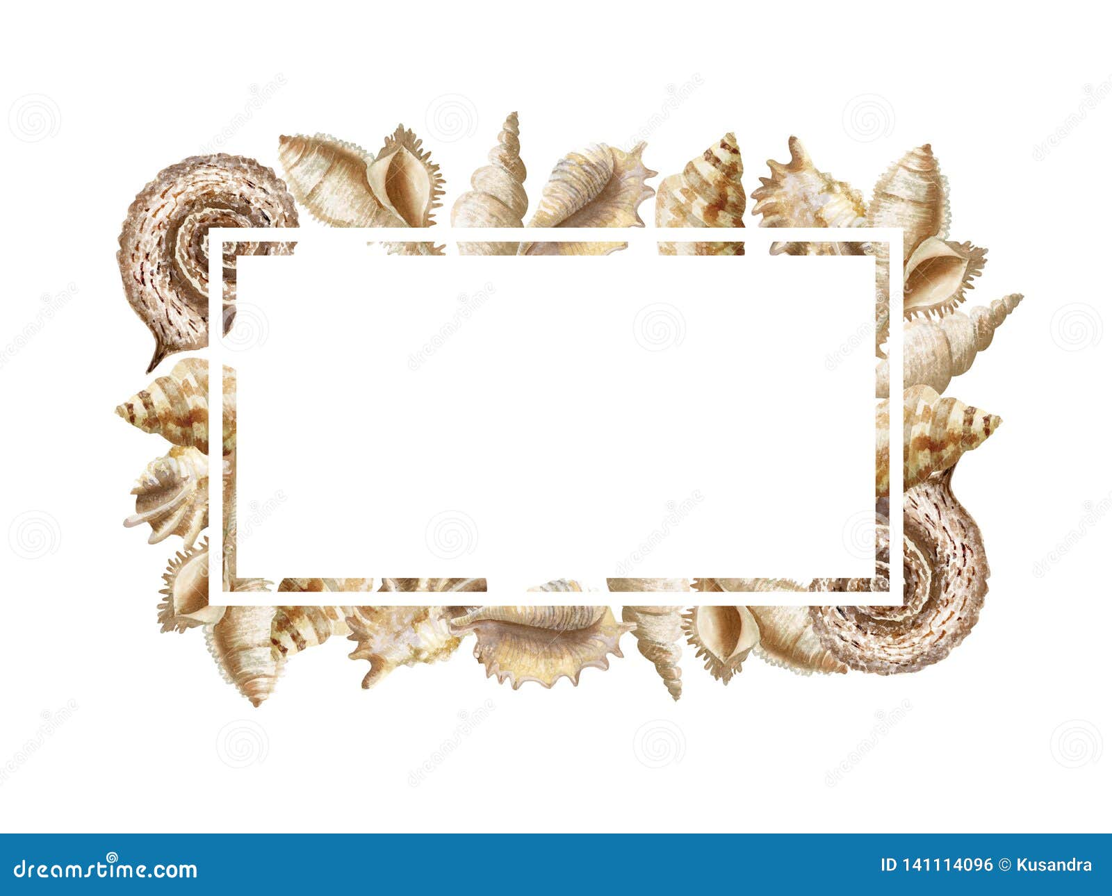 Watercolor Rectangular Frame with Seashells and Place for Text Stock ...