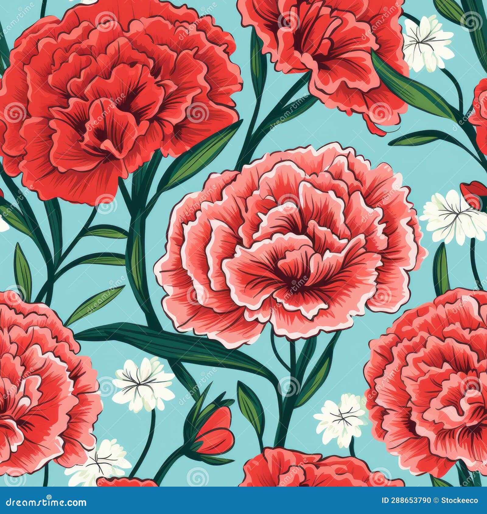 Hand-drawn Red Carnations on Blue Background Seamless Pattern Stock ...