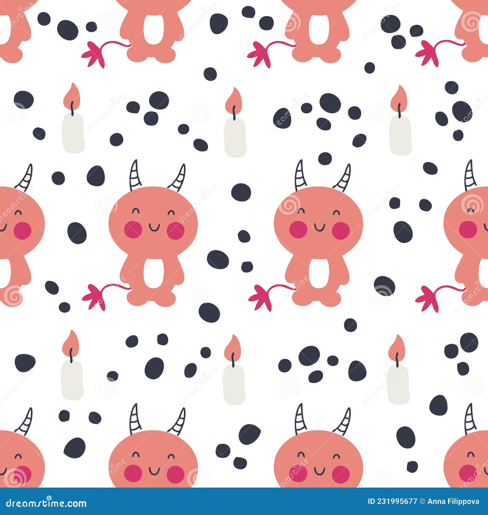 Hand Drawn Red Devils Seamless Pattern with Spots and Candles. Perfect ...