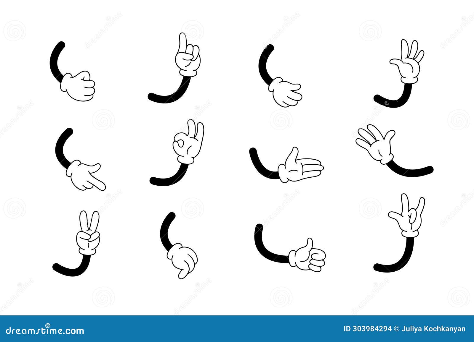 Hand Drawn Retro Cartoon Hands Set Stock Vector - Illustration of ...