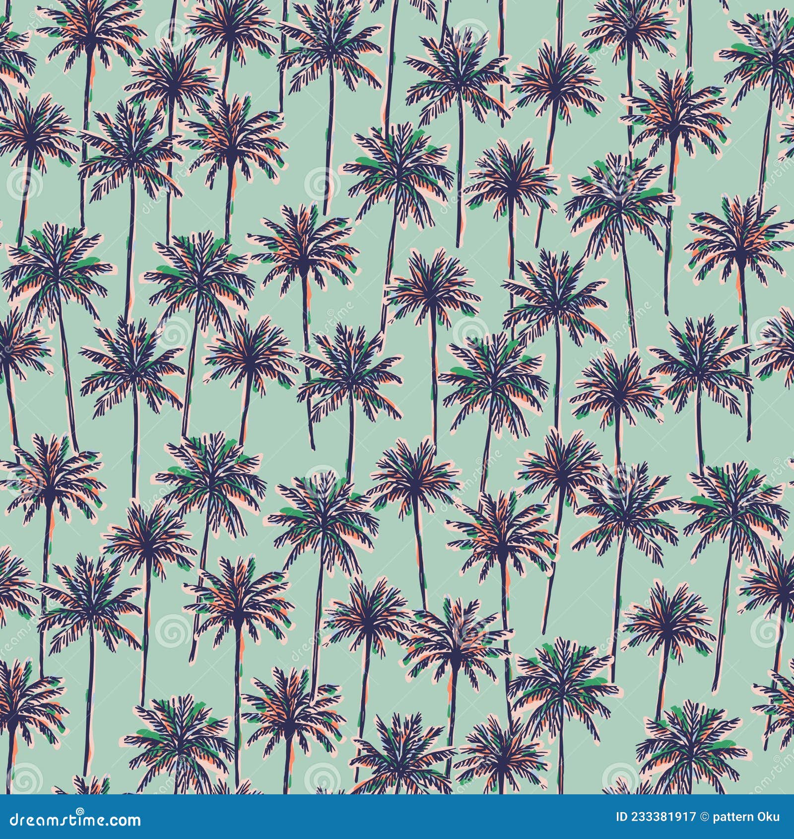 Hand-drawn Retro Color Palm Tree Illustration Seamless Repeat Pattern ...