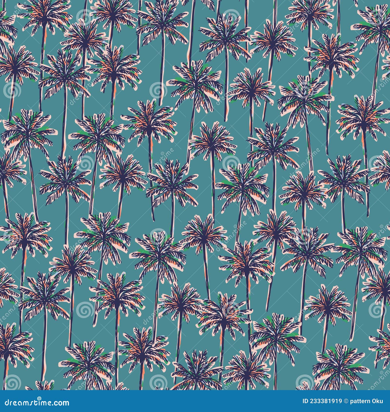 Hand-drawn Retro Color Palm Tree Illustration Seamless Repeat Pattern ...