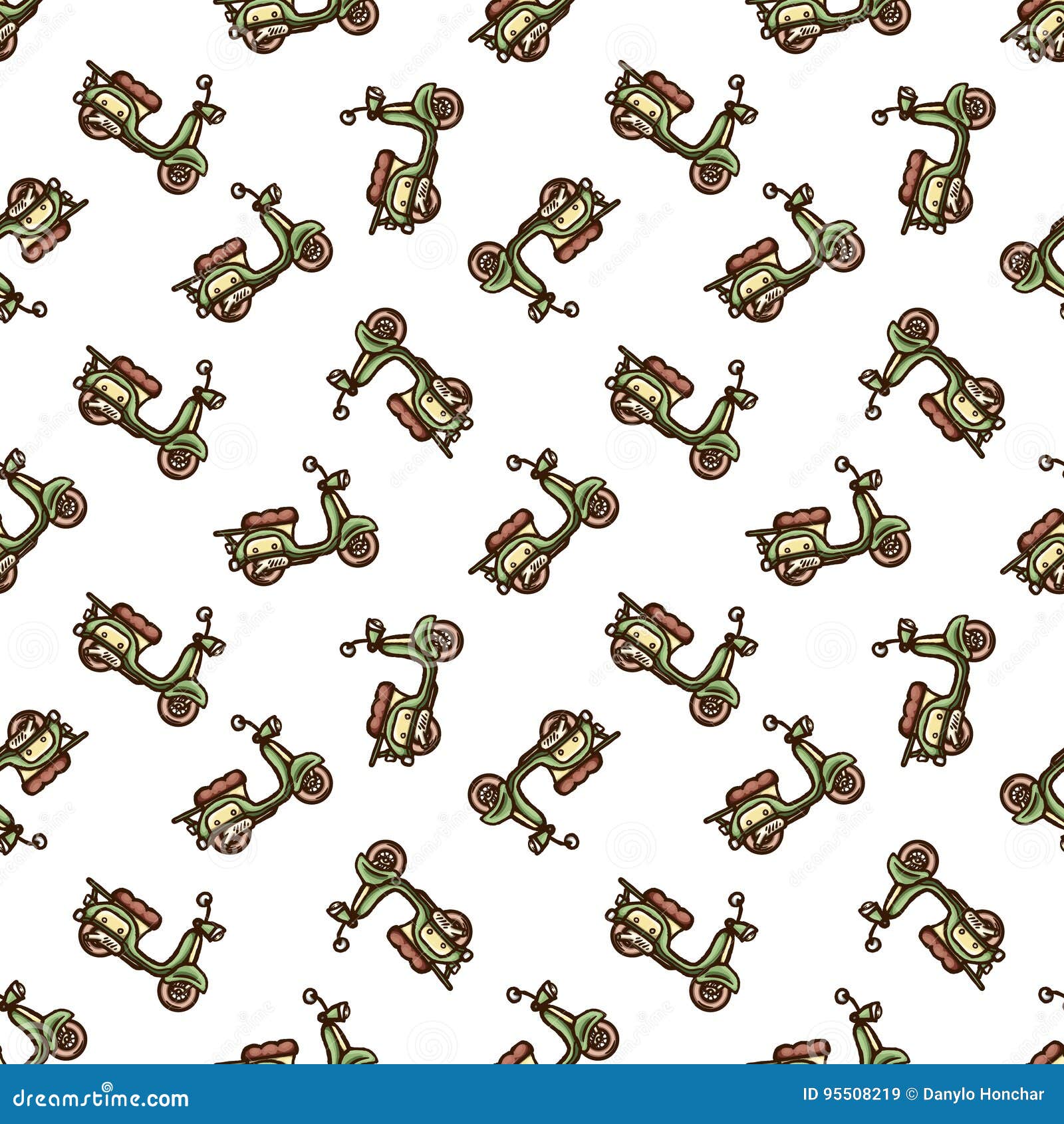 Hand Drawn Retro Scooters Seamless Pattern. Stock Vector - Illustration ...