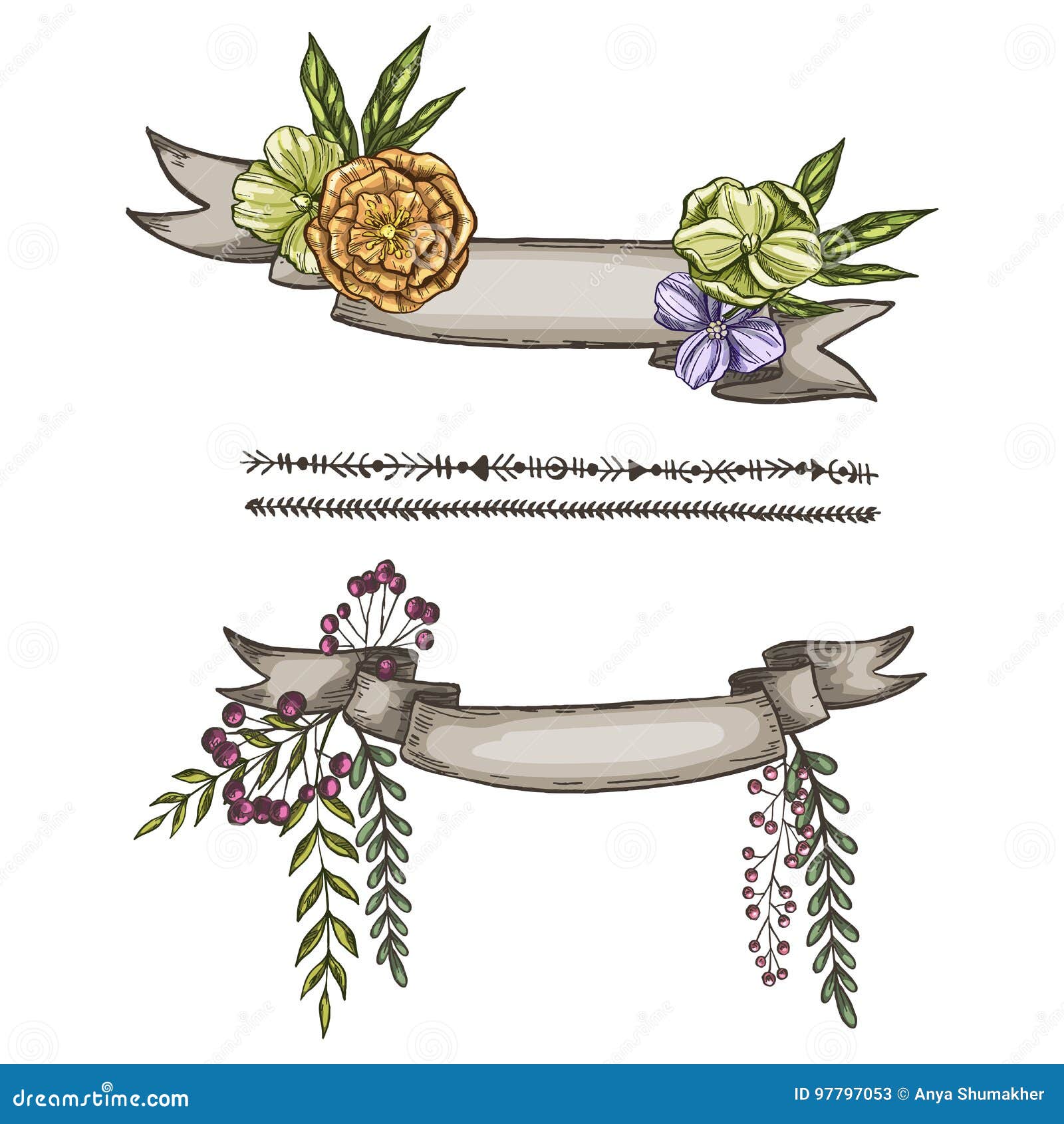 Hand Drawn Ribbon Decorated with Flower and Leaves. Ready Template for ...