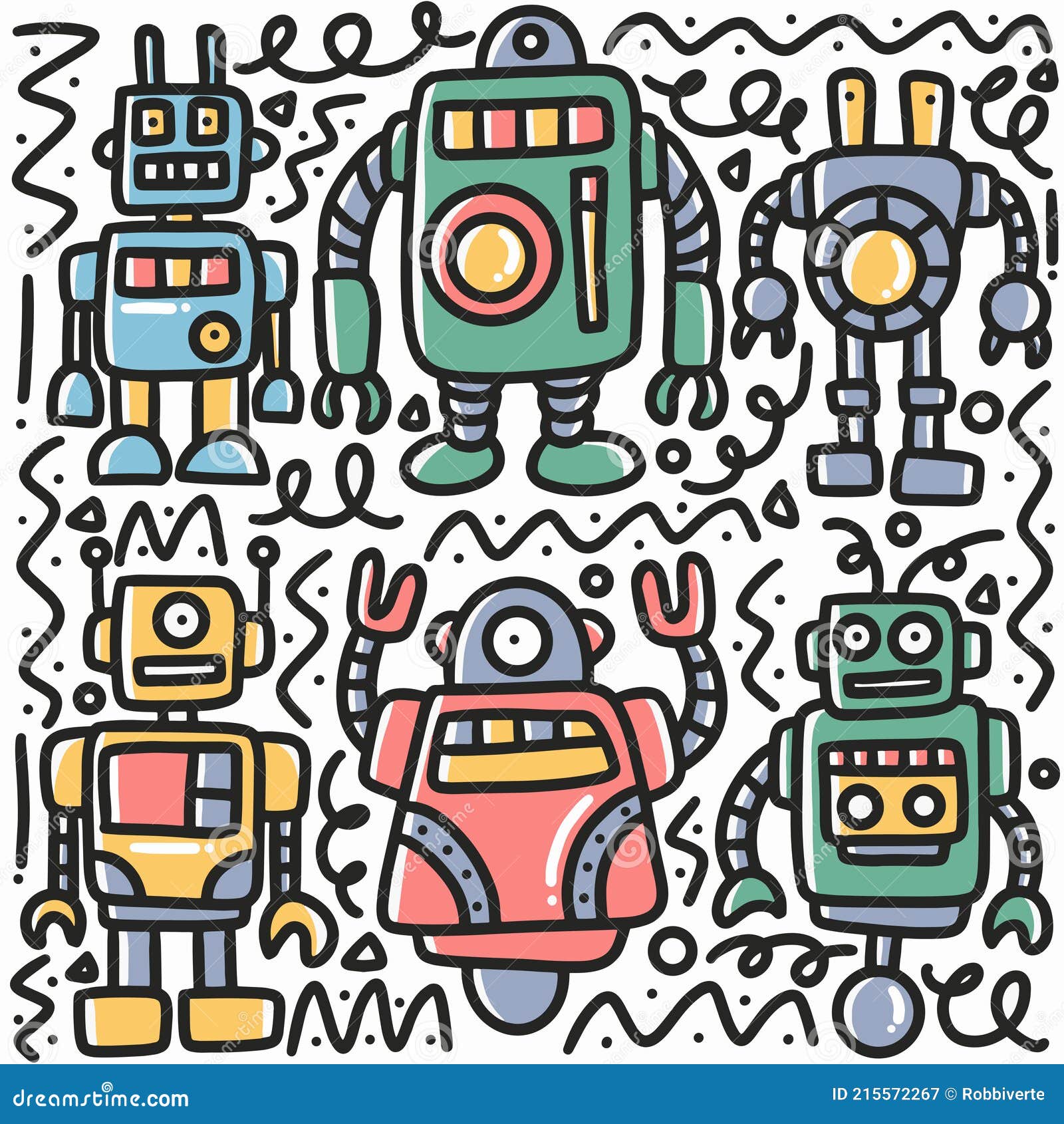 Robot Doodle Print. Set Of Space Objects, Robot And Symbols. Planets ...