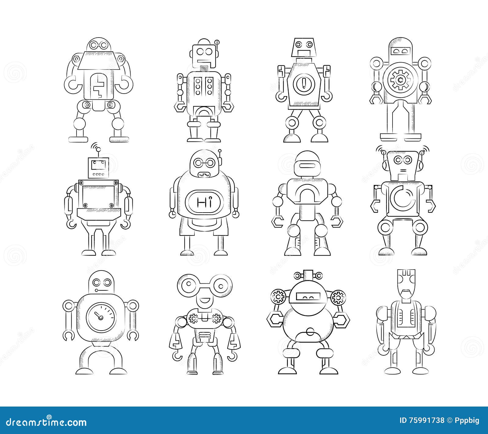 Hand drawn robot icons stock illustration. Illustration of auto - 75991738