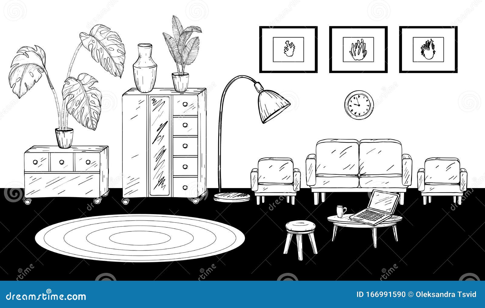 Hand Drawn Room Interior Sketch. Black and White Stock Vector ...