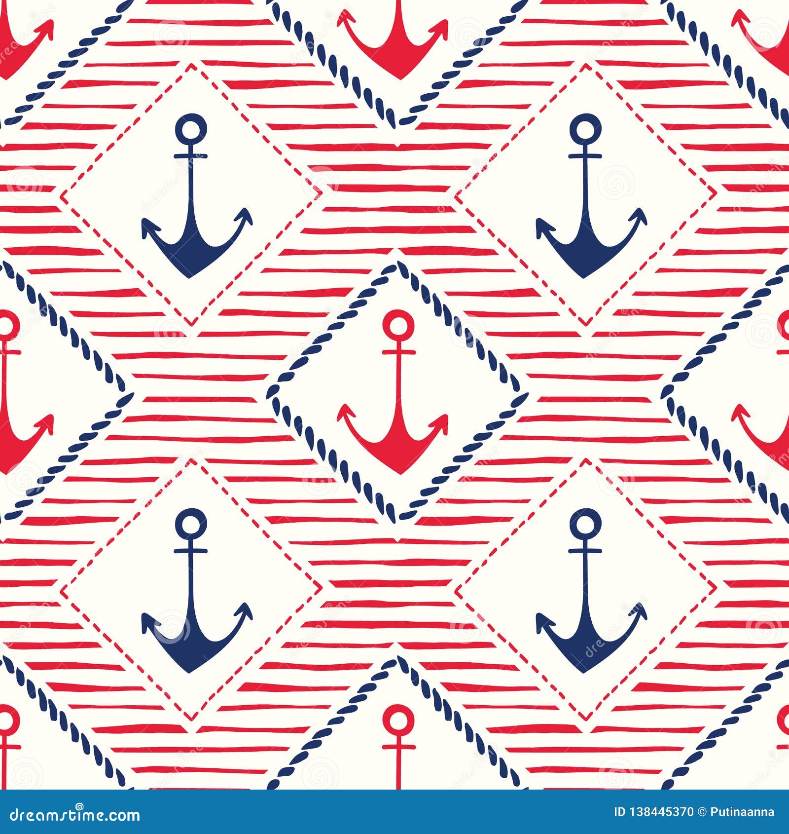 Hand-Drawn Rope Frames with Anchors and Stripes Vector Seamless Pattern ...