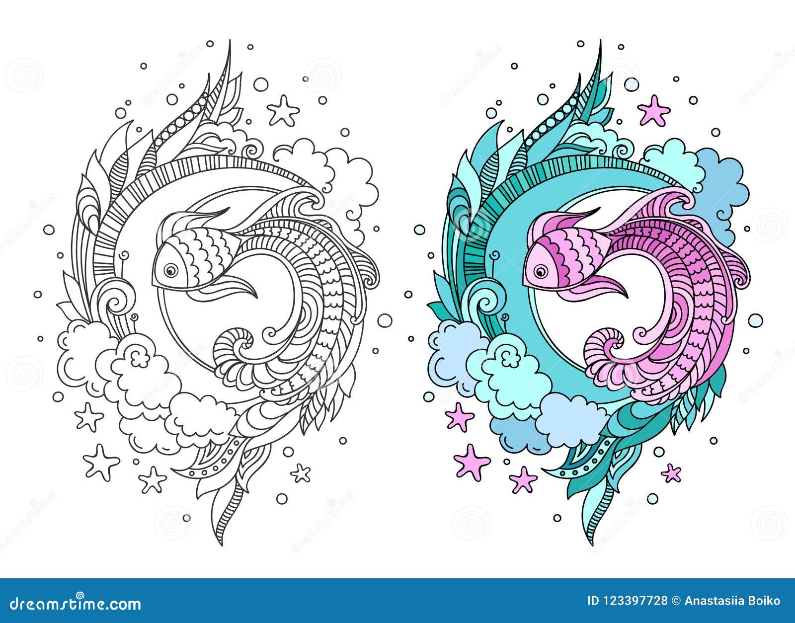 Hand Drawn Round Composition of Fish among Seaweed. Stock Vector ...