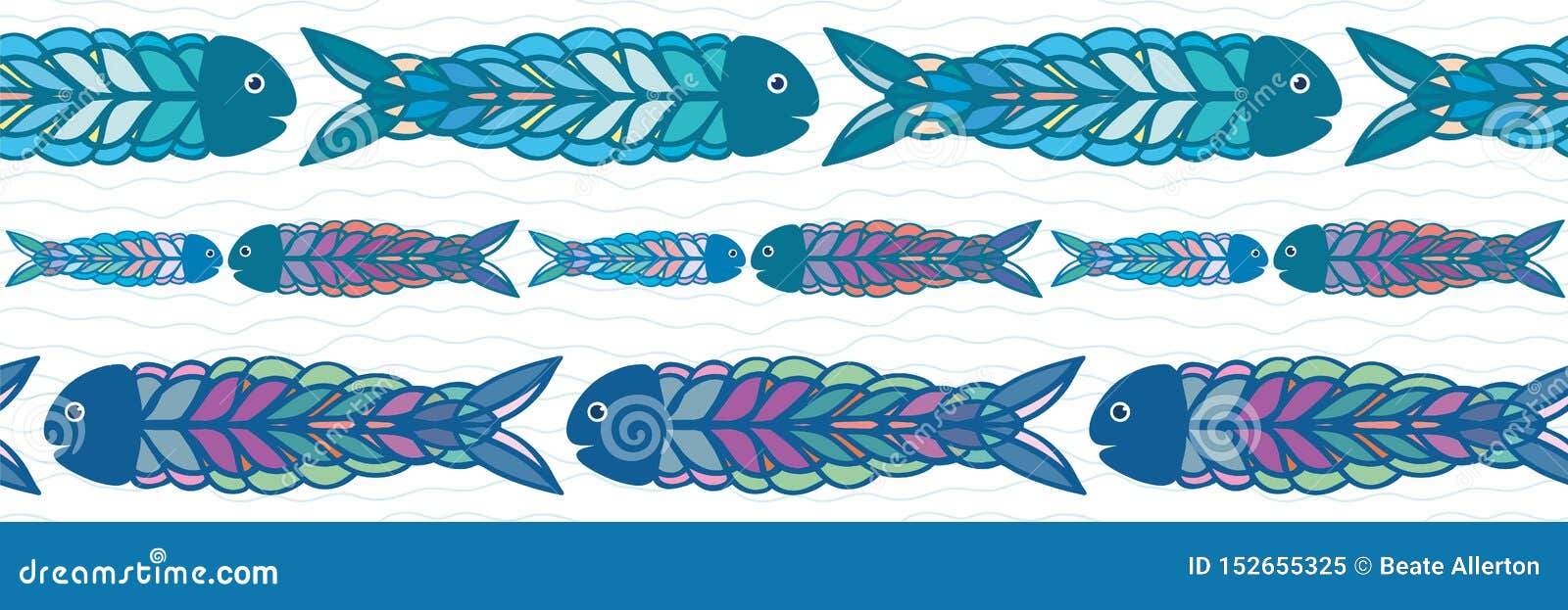 Hand Drawn Rows of Multicolor Fish in Folk Art Style Border Design ...