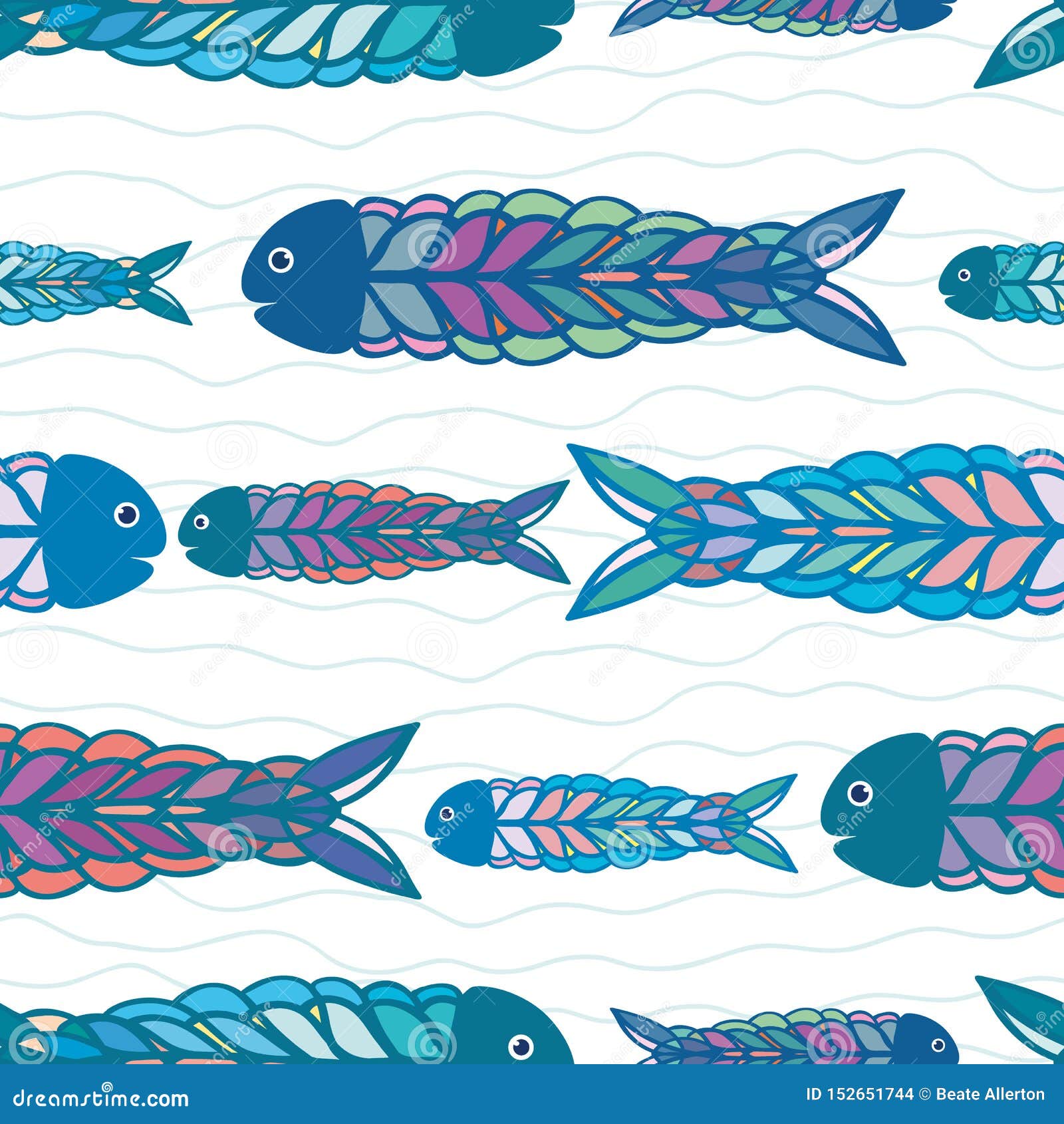 Hand Drawn Rows of Multicolor Fish in Folk Art Style Design. Seamless ...