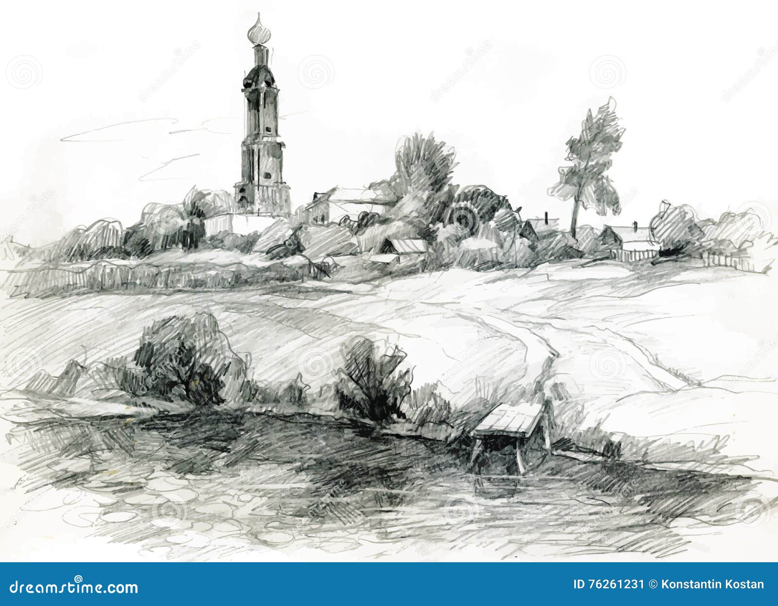 Hand-drawn Rural Landscape Sketch. Stock Vector - Illustration of ...