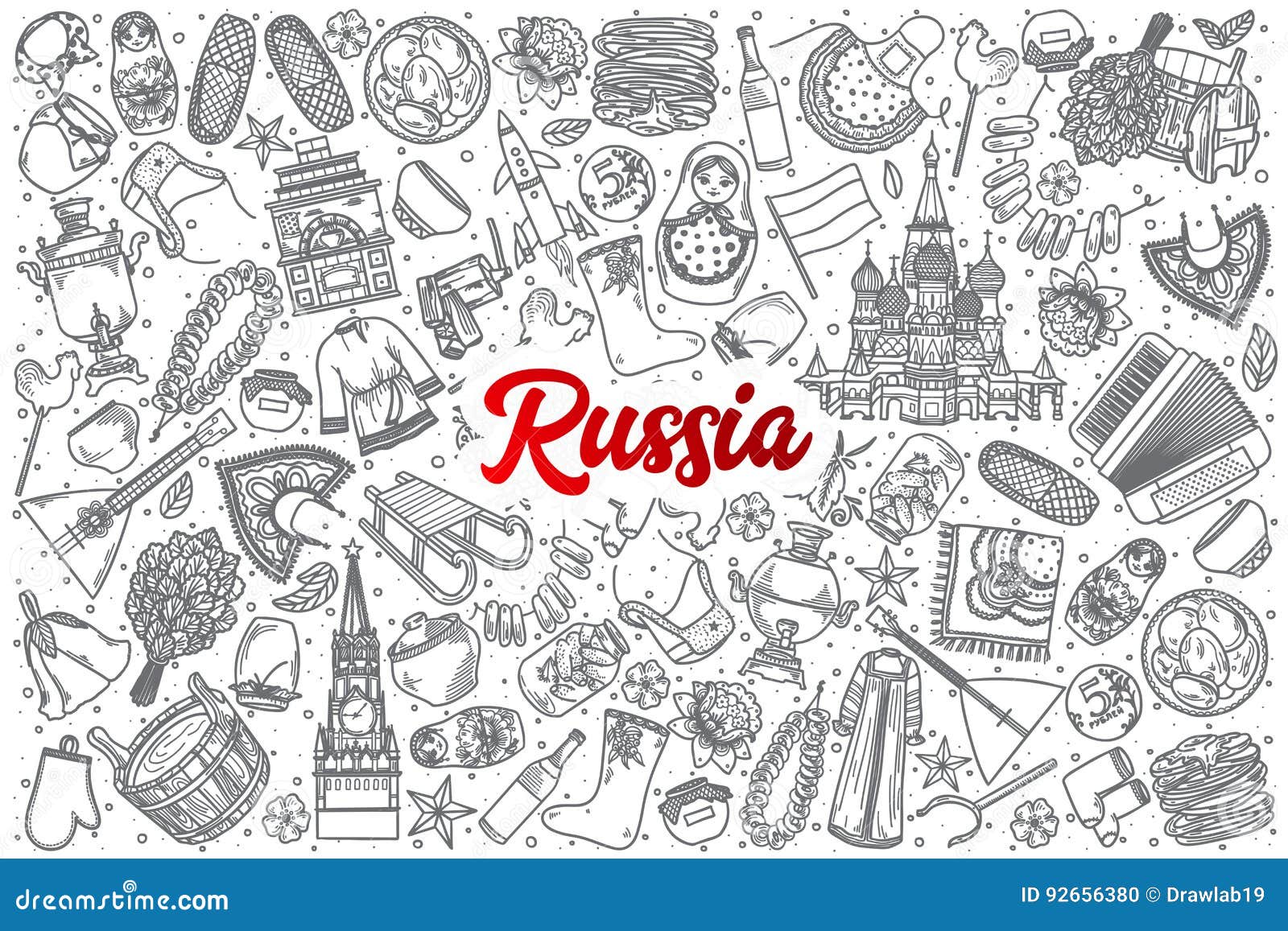 Hand Drawn Russia Doodle Set With Lettering Vector Illustration ...