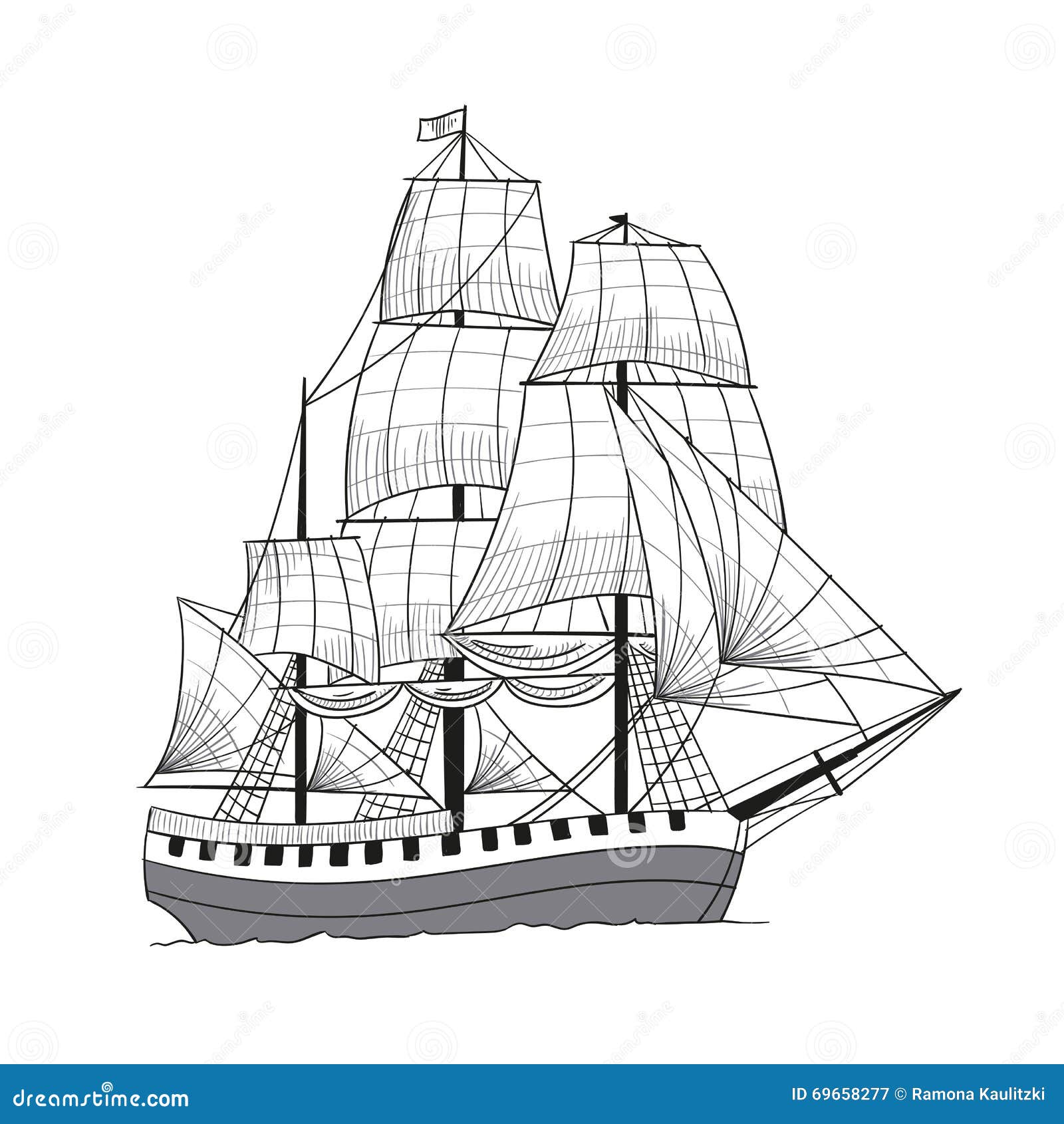 Hand Drawn Sailing Ship stock illustration. Illustration of ocean ...