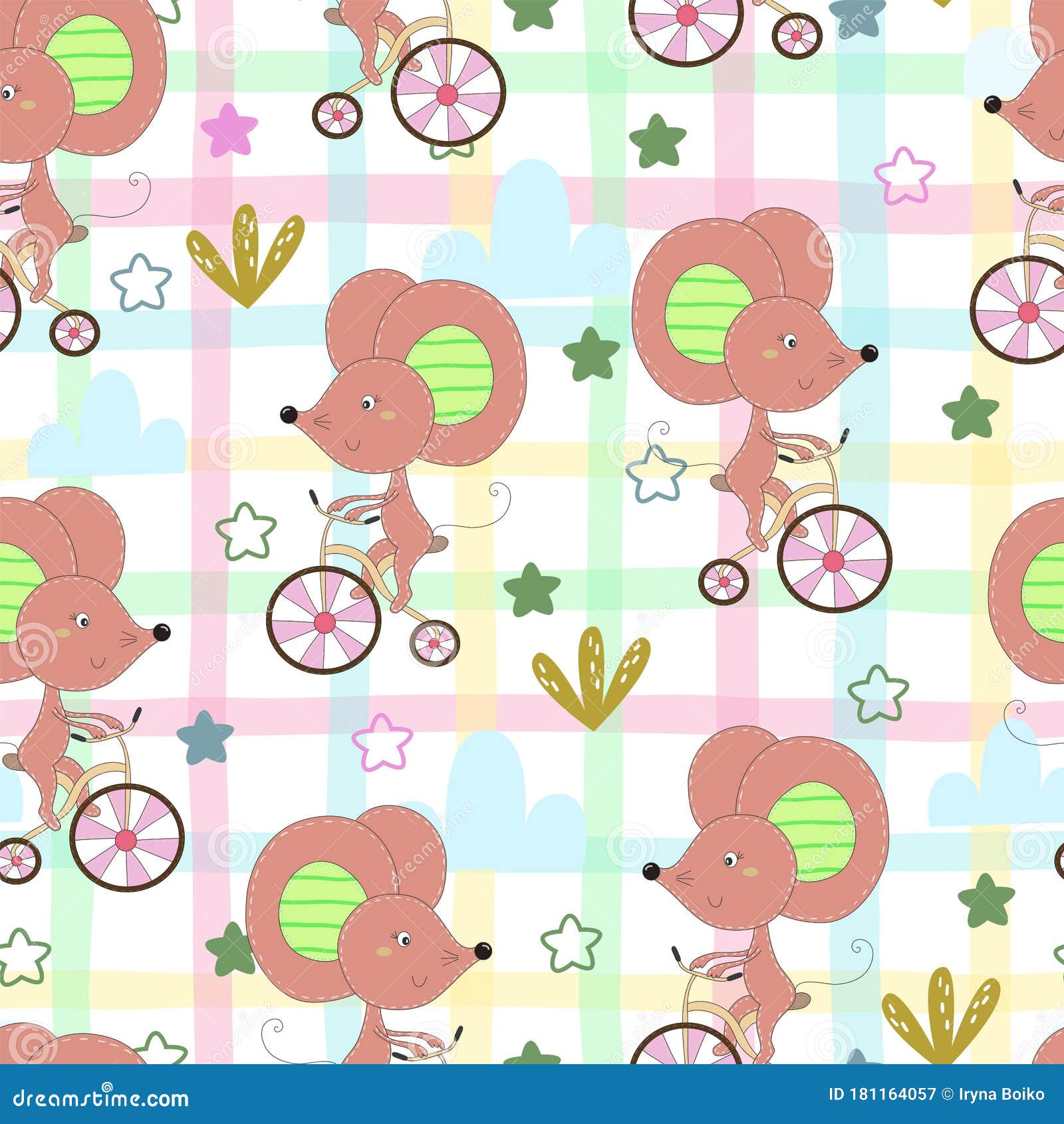 Hand Drawn Sample Pattern with Little Mouse Riding a Bicycle Stock ...
