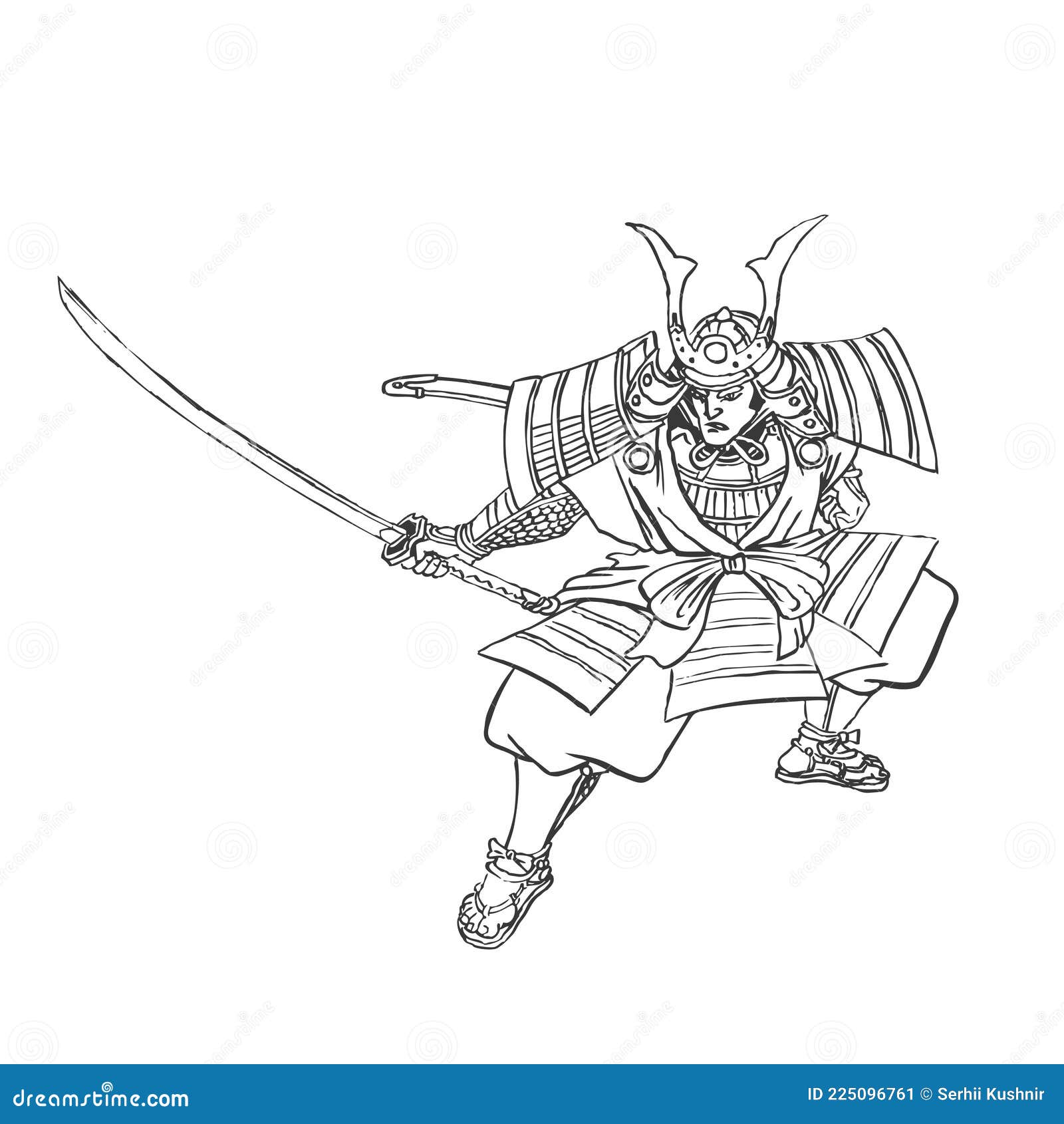 Hand Drawn Samurai in a Fighting Pose with a Weapon. Japanese Warrior ...