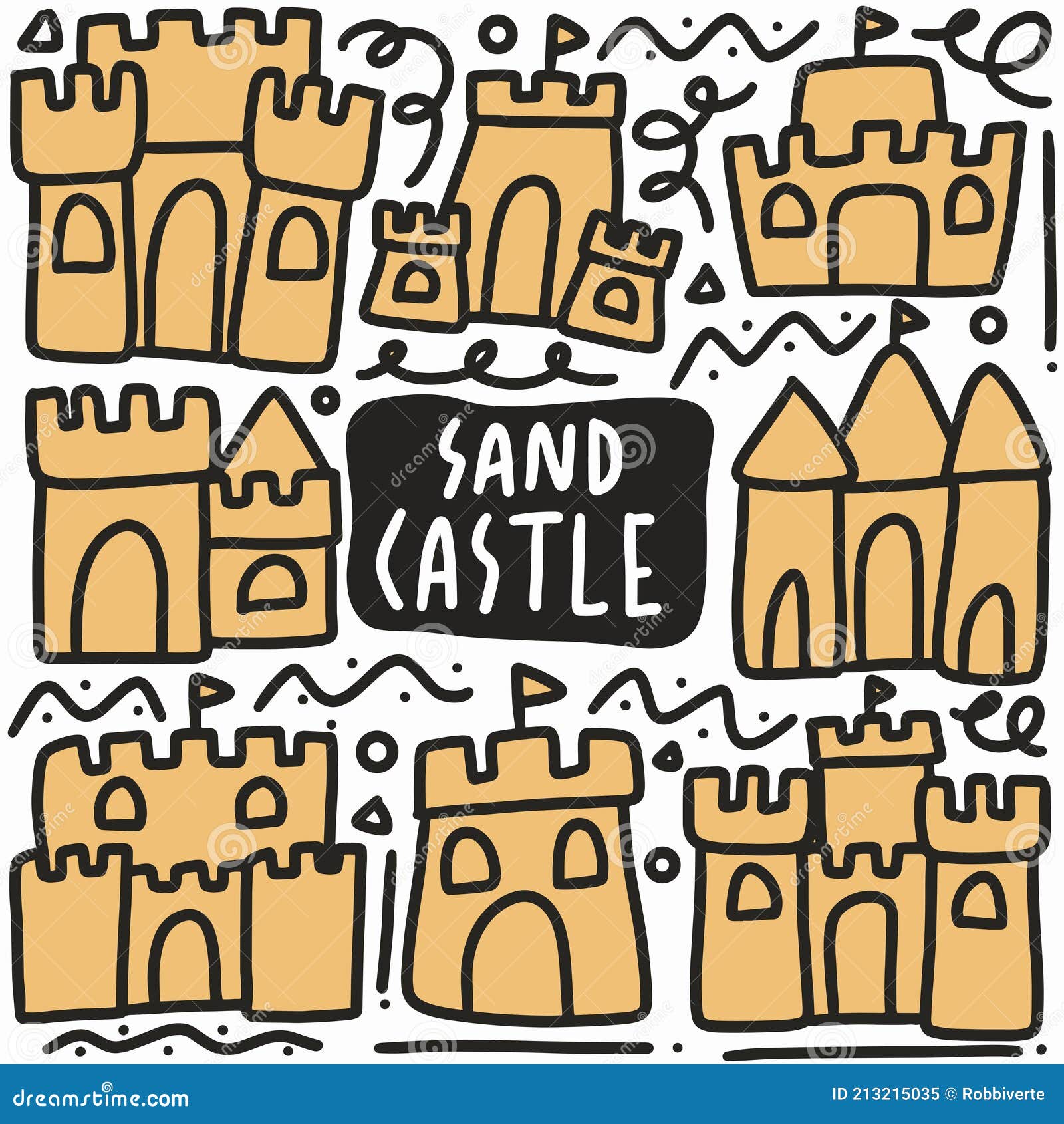Hand Drawn Sand Castle Doodle Set Stock Vector - Illustration of ...