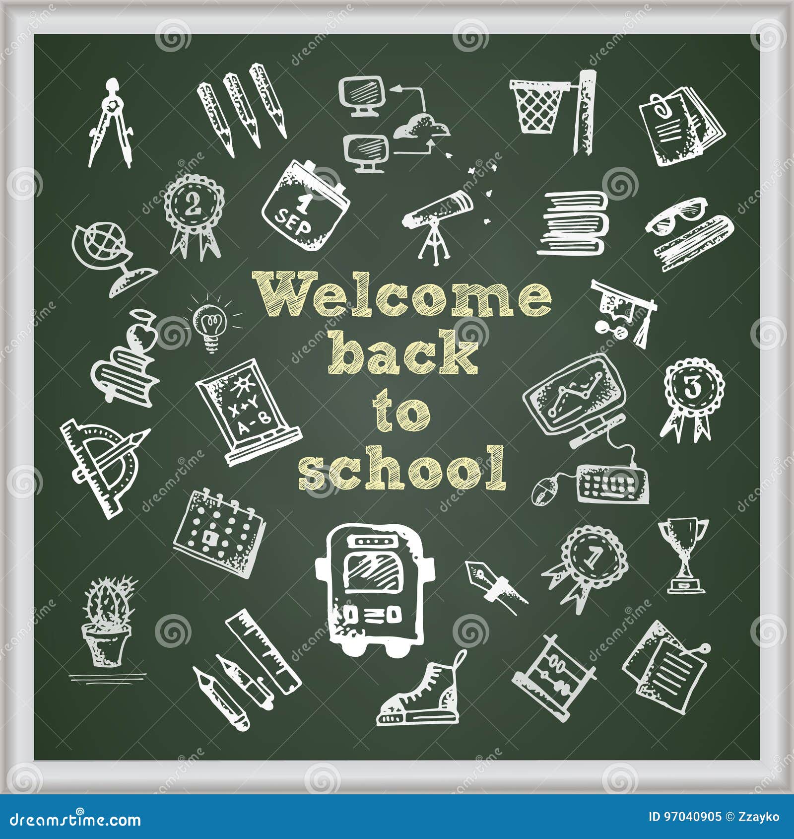 Hand Drawn School Icon on Chalkboard. with Text Welcome Back To School ...