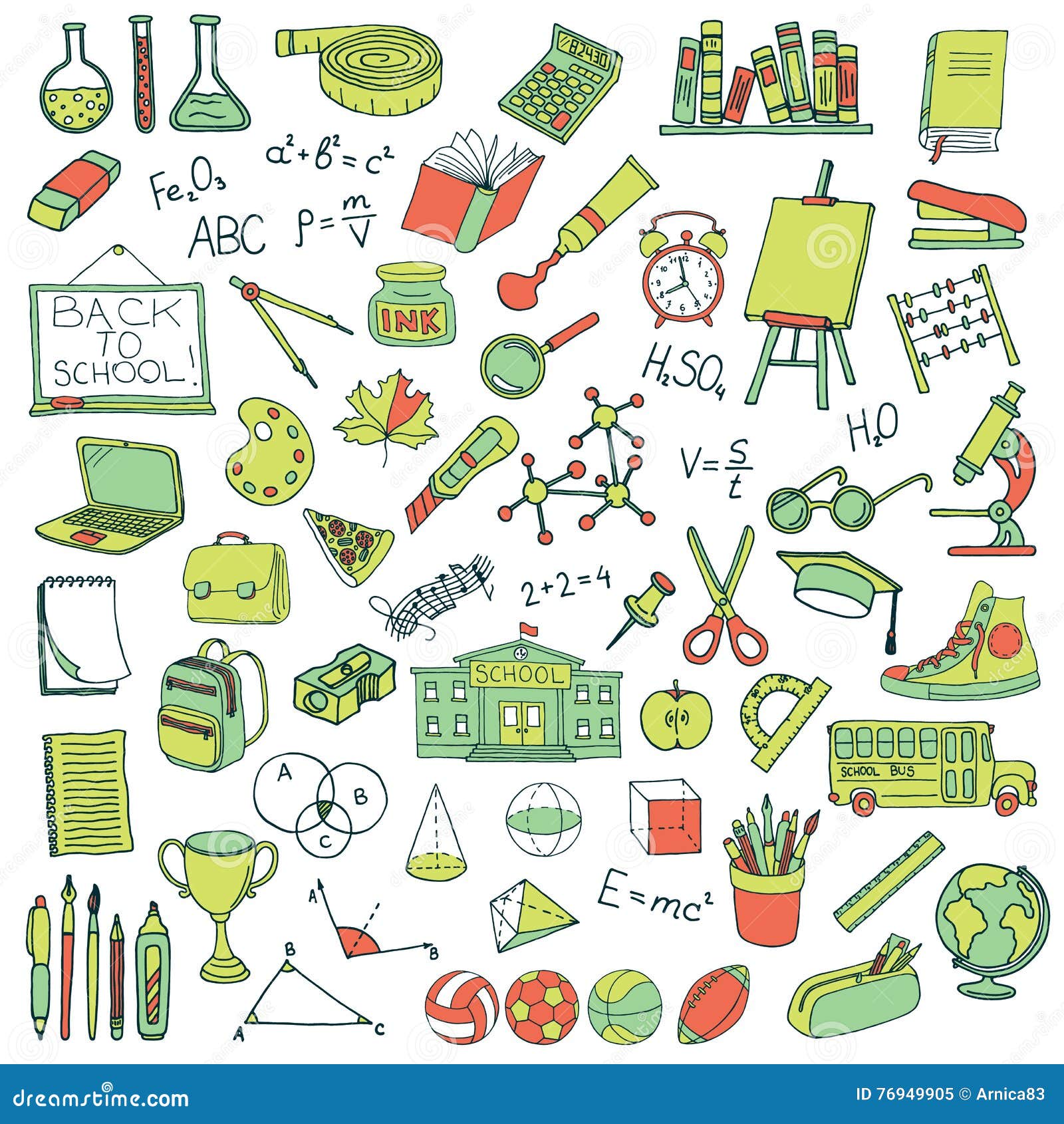 Hand Drawn School Icons Set Stock Vector - Illustration of pizza, brush ...