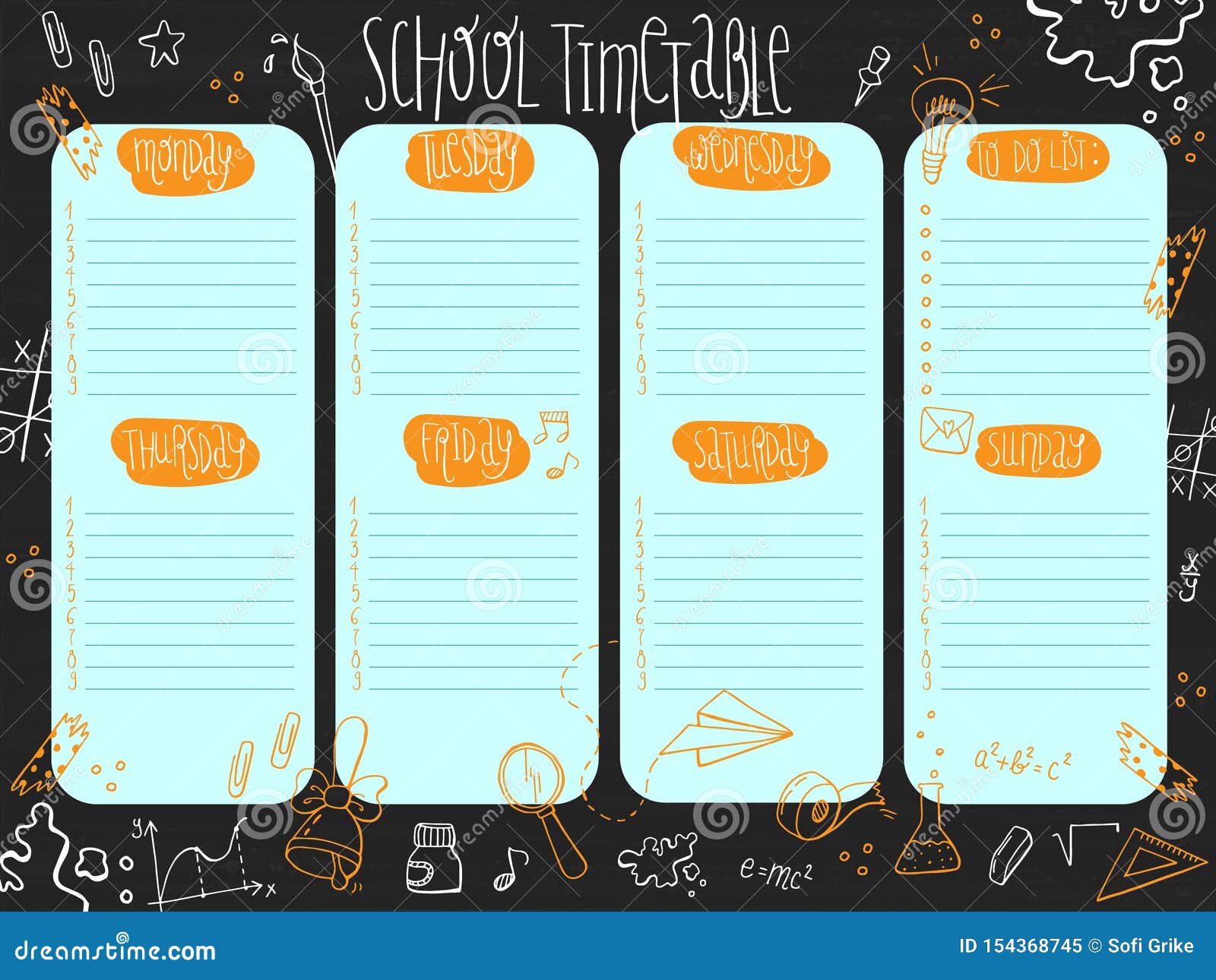 Hand Drawn School Timetable Template with Days of Week and Free Spaces ...