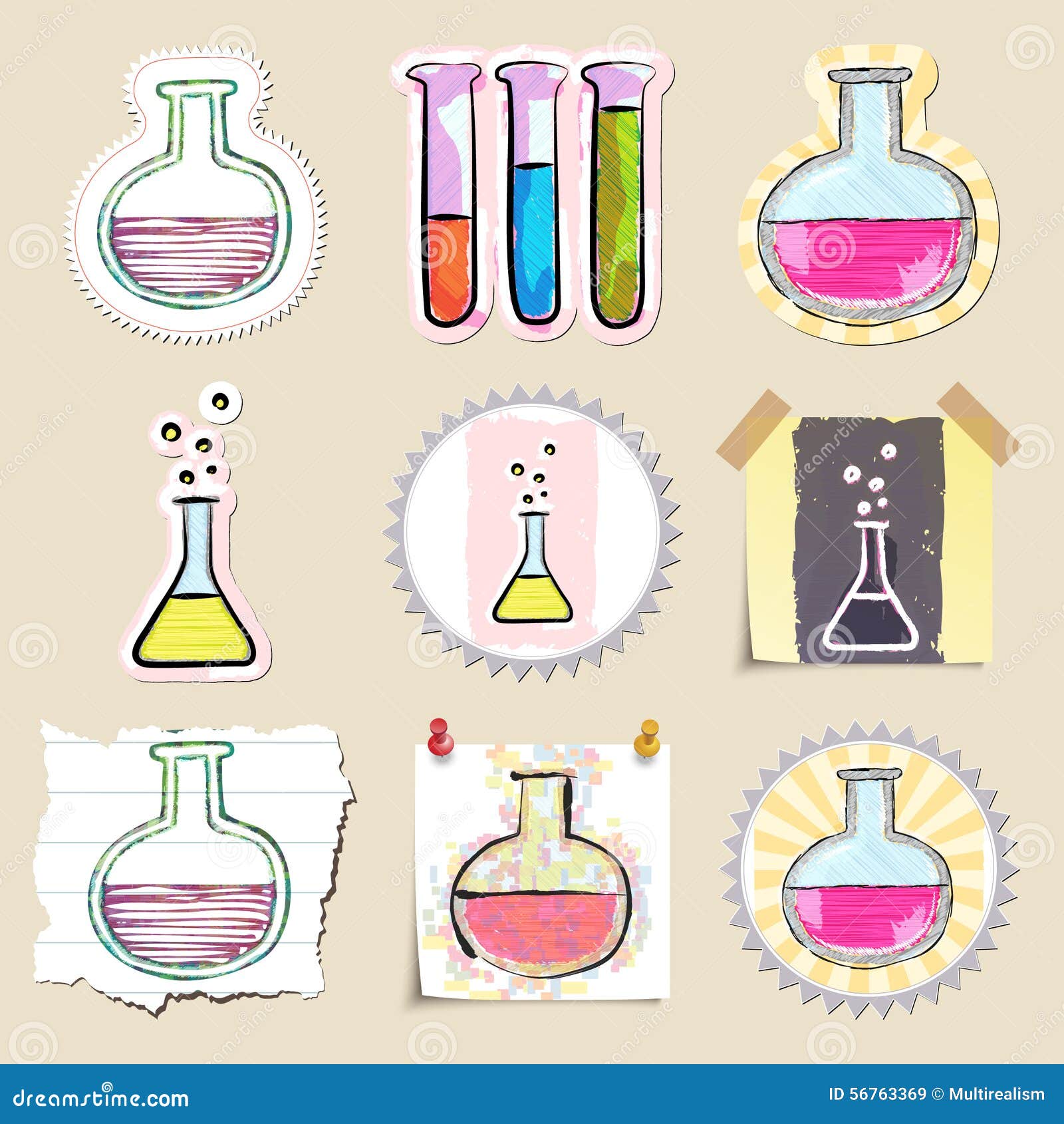 Hand Drawn Science and Laboratory Emblems Set Stock Illustration ...