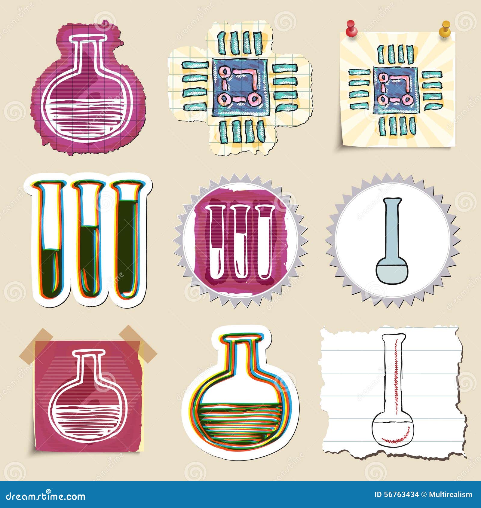 Hand Drawn Science and Laboratory Emblems Set Stock Illustration ...