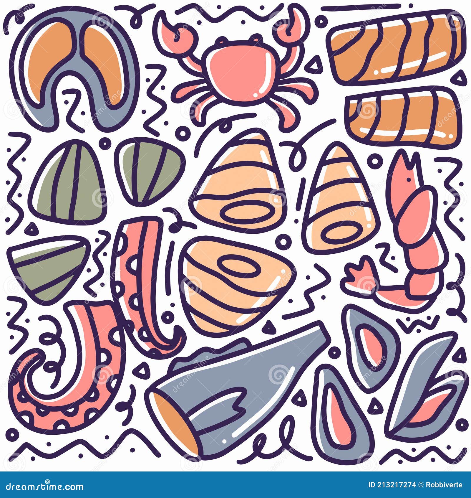 Hand Drawn Sea Food Doodle Set Stock Vector - Illustration of line ...