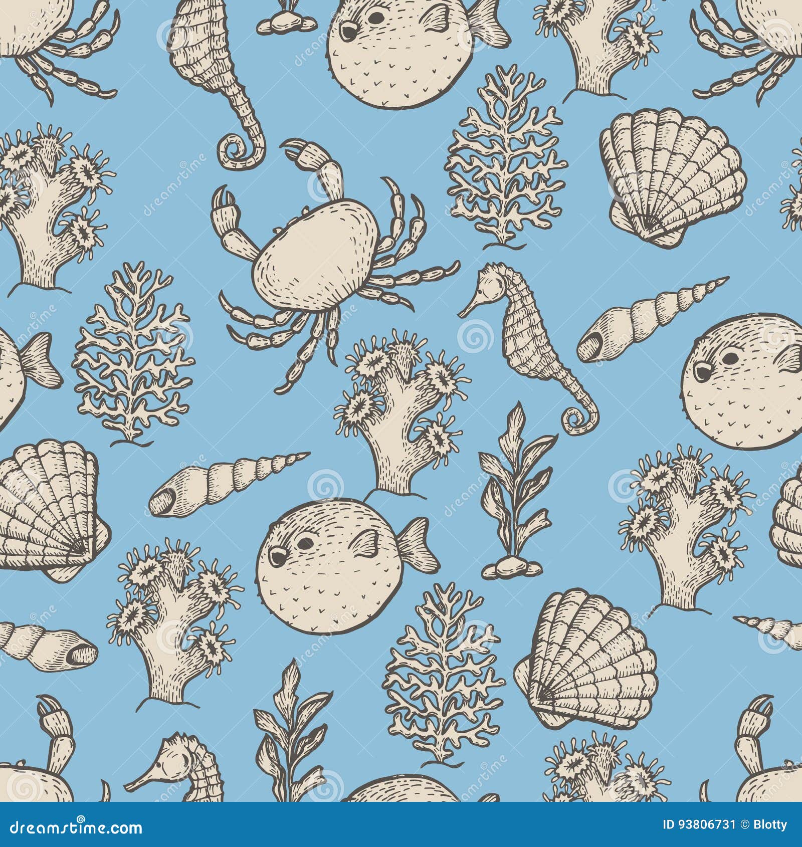 Hand Drawn Sea Life Illustration. Sketch Seamless Pattern Stock Vector ...