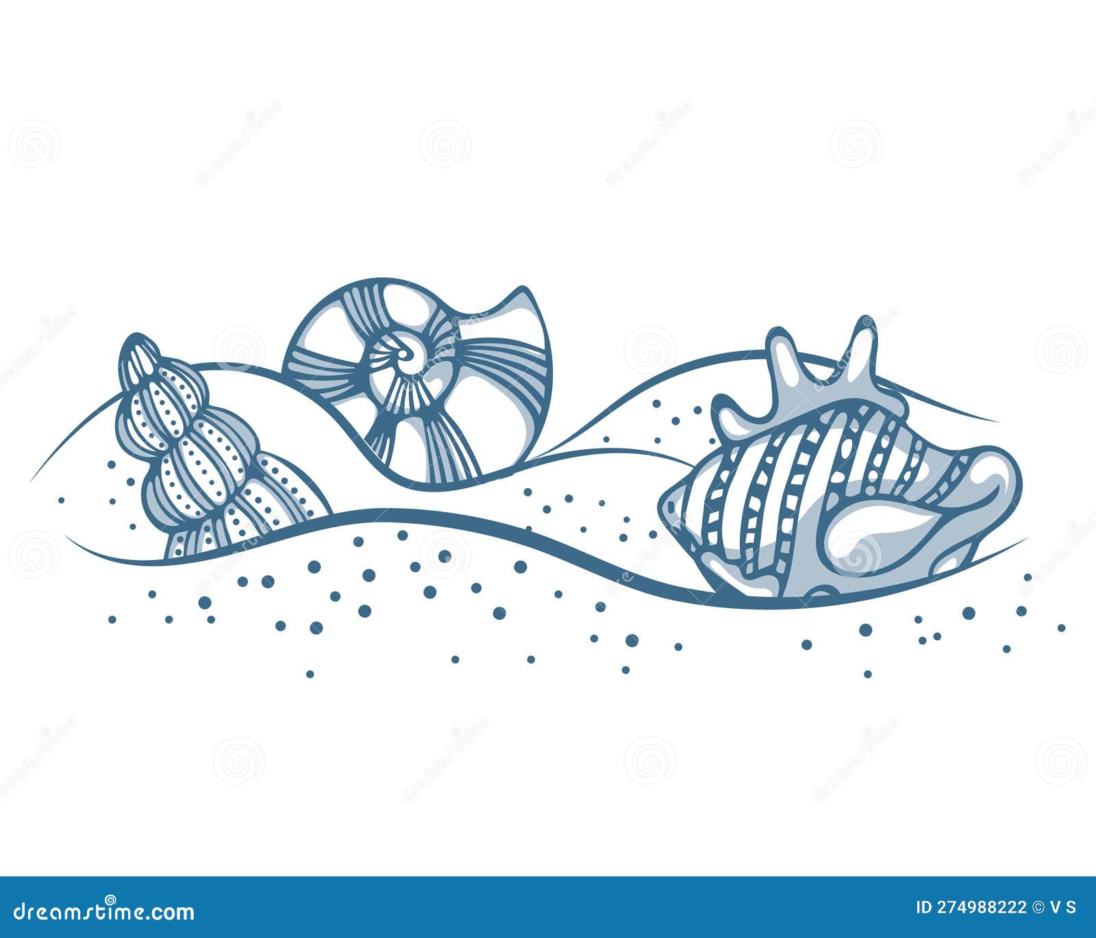 Hand Drawn Sea Shells on the Sand. Illustration of Blue Seashells on a ...