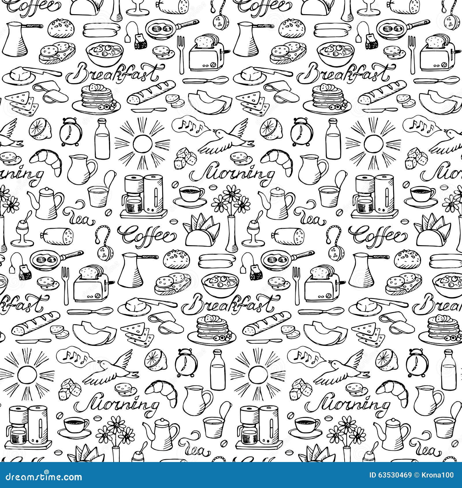 Hand Drawn Seamless Breakfast Pattern Stock Vector - Illustration of drink, fresh: 63530469