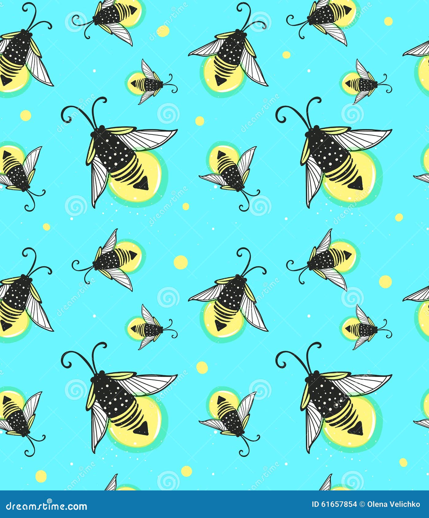 Hand-drawn Seamless Cartoon Fireflies Bugs Design. Stock Vector ...