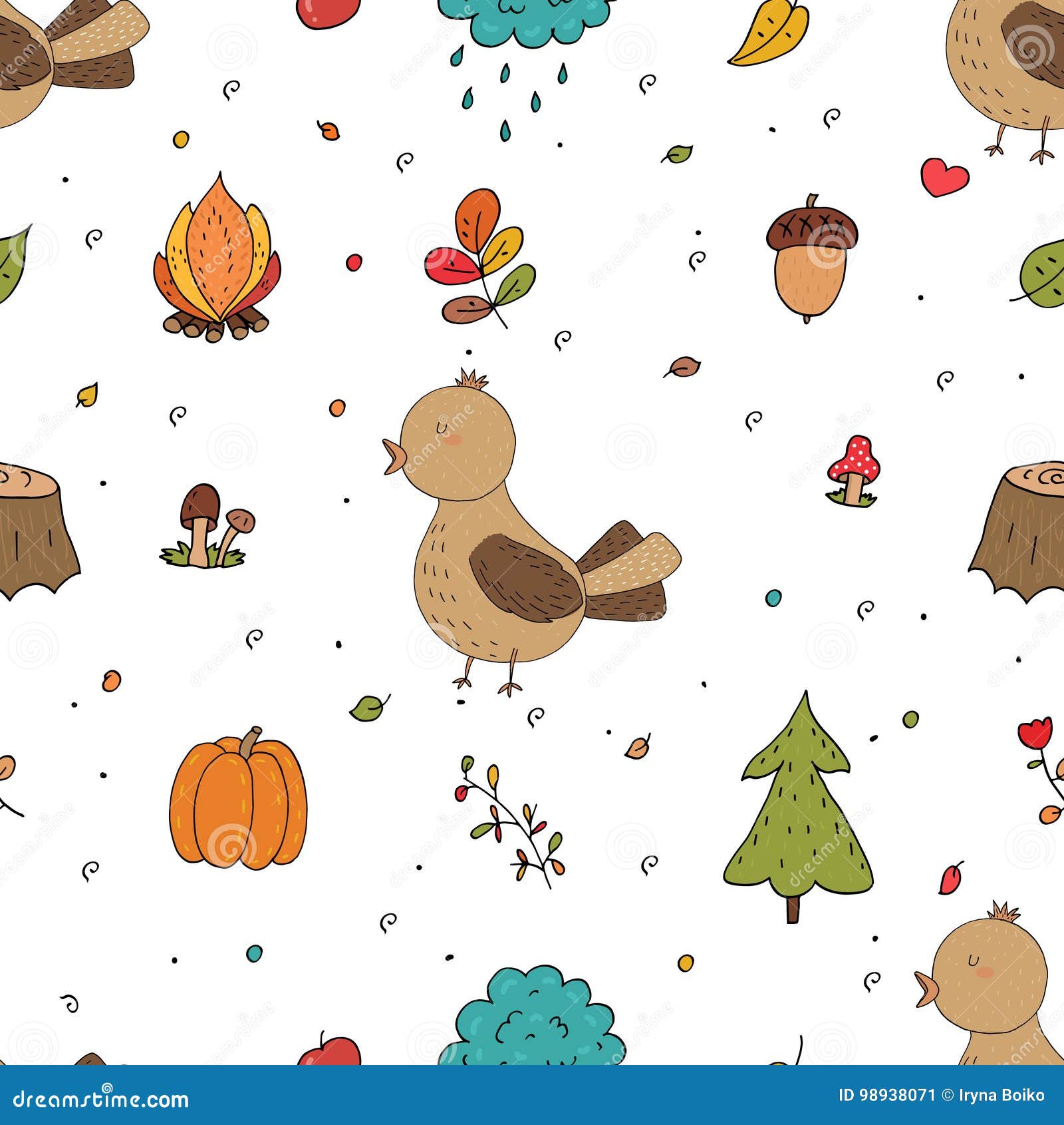 Hand Drawn Seamless Cute Bird Pattern Vector Illustration. Stock Vector ...