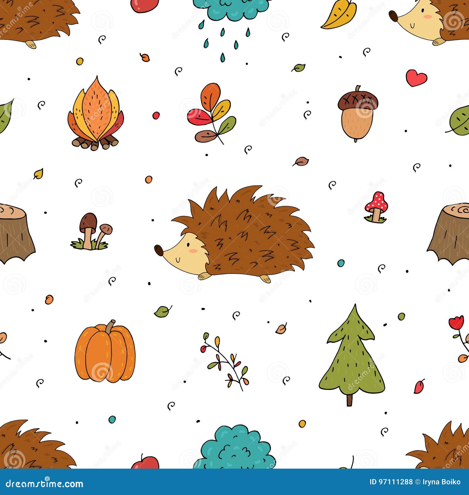 Hand Drawn Seamless Cute Hedgehog Pattern Vector Illustration. Stock ...
