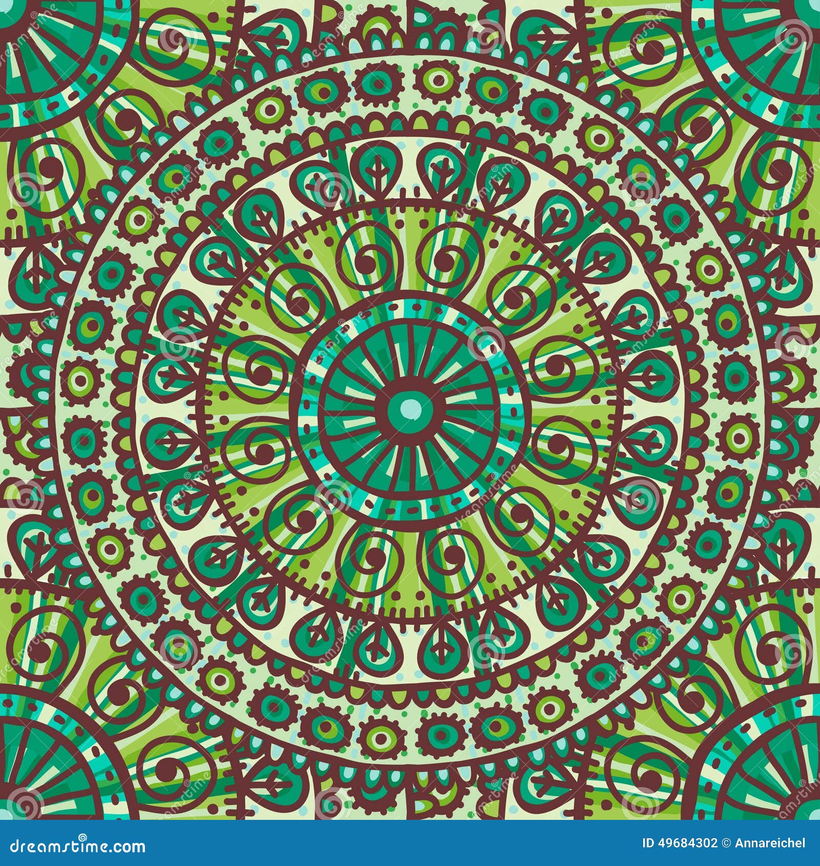 Hand Drawn Seamless Green Mandala Pattern Stock Vector - Illustration ...