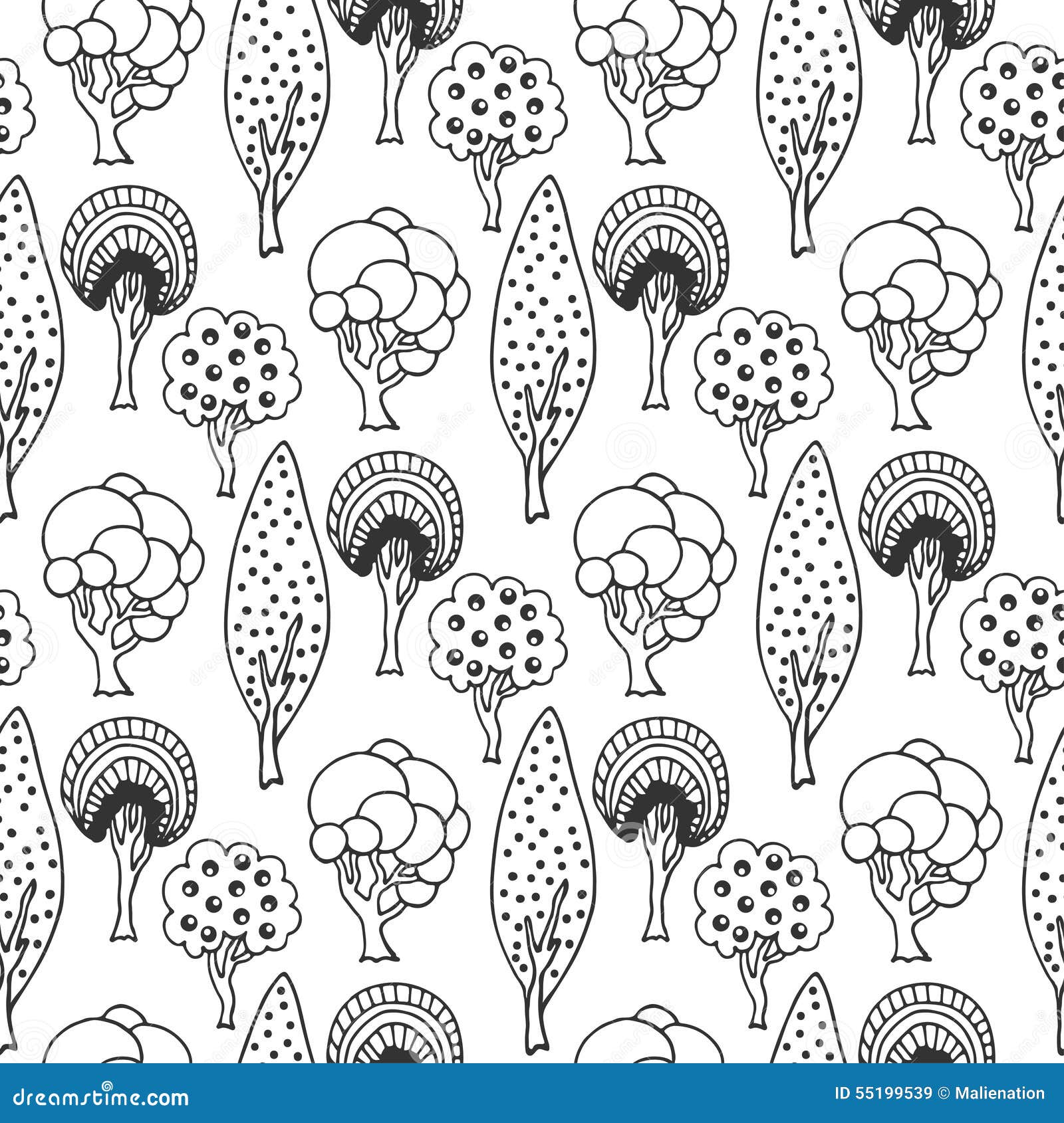 Hand Drawn Seamless Pattern with Abstract Doodle Trees. Vector ...