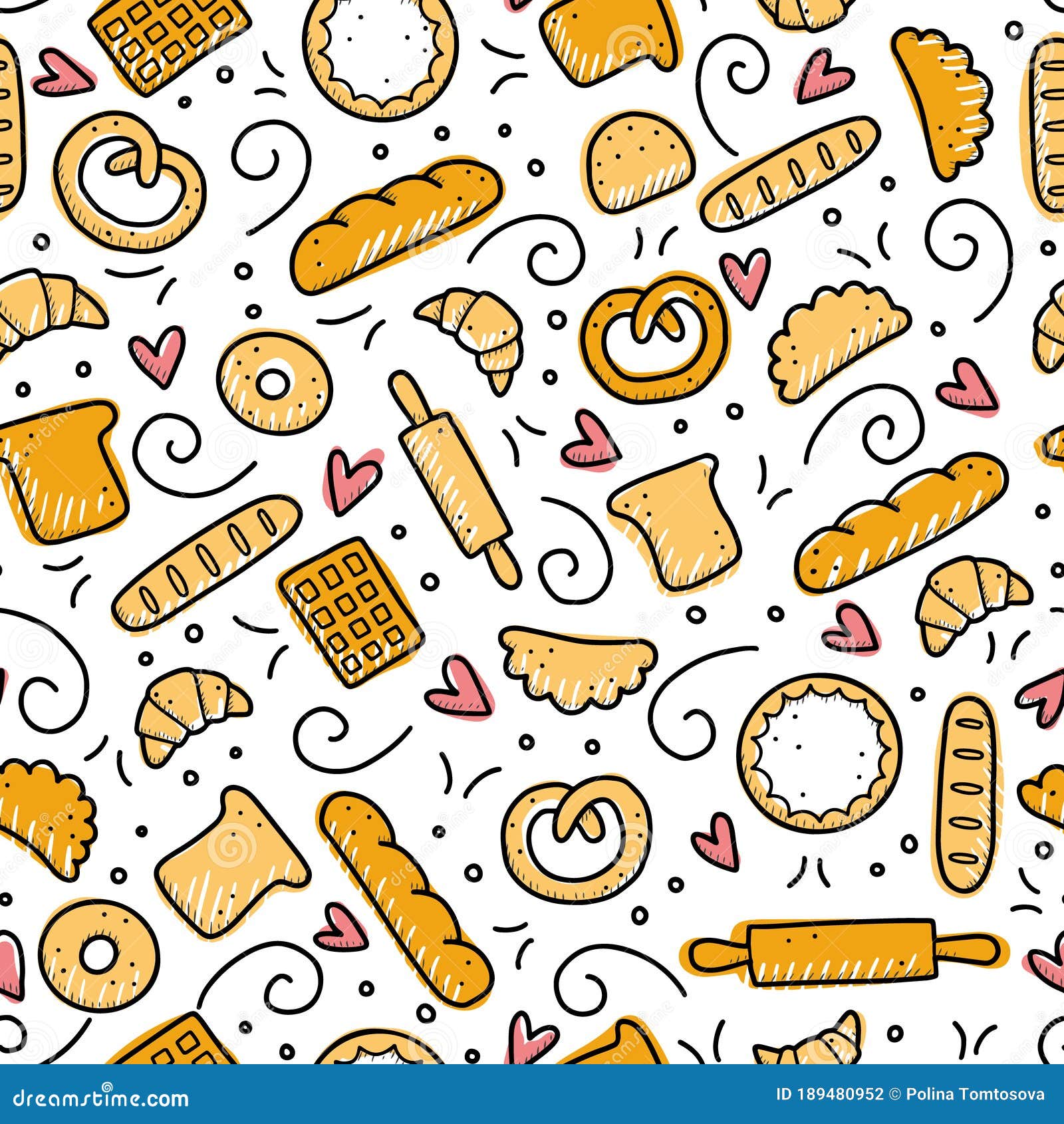 Hand Drawn Seamless Pattern of Bakery Element. Doodle Style Vector Illustration. Stock Vector ...