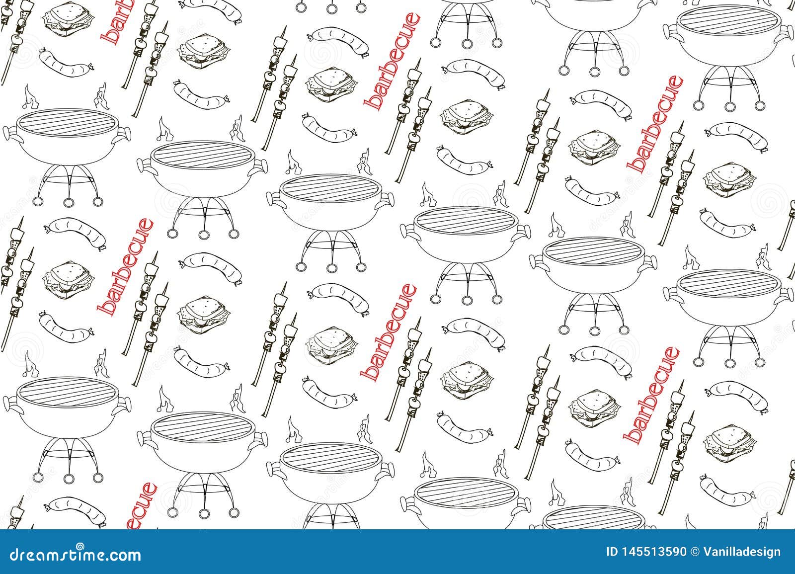 Pattern With Barbecue Food On Craft Paper. Grill Hand Drawn Meat ...