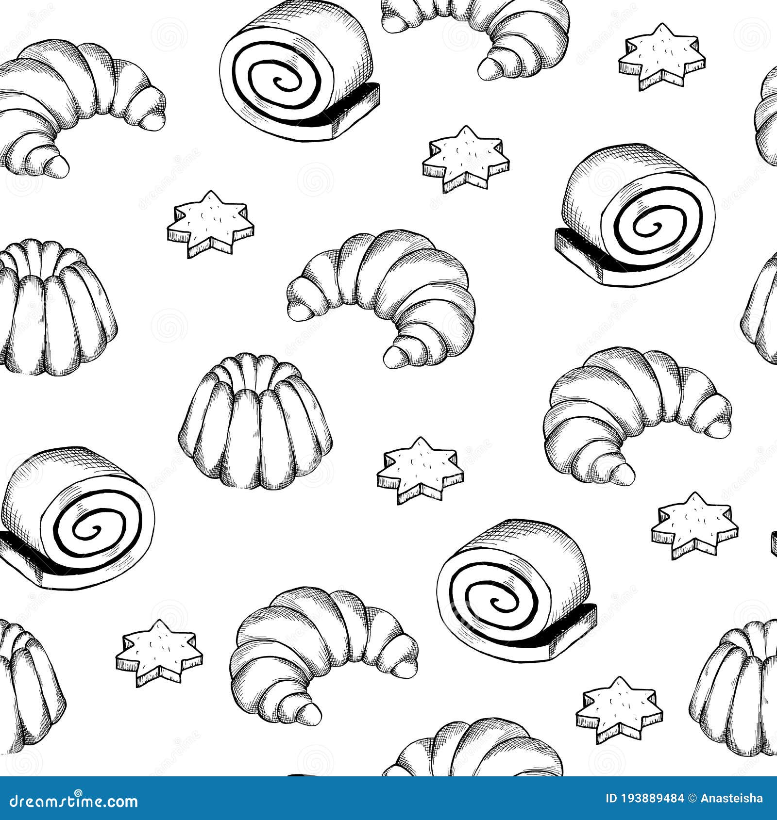 Hand Drawn Seamless Pattern of Bread and Bakery Products. Stock Vector ...