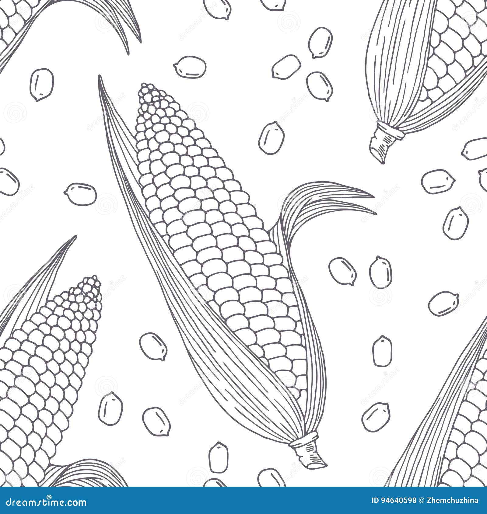 Hand Drawn Seamless Pattern with Corn. Monochrome Background in Sketch ...