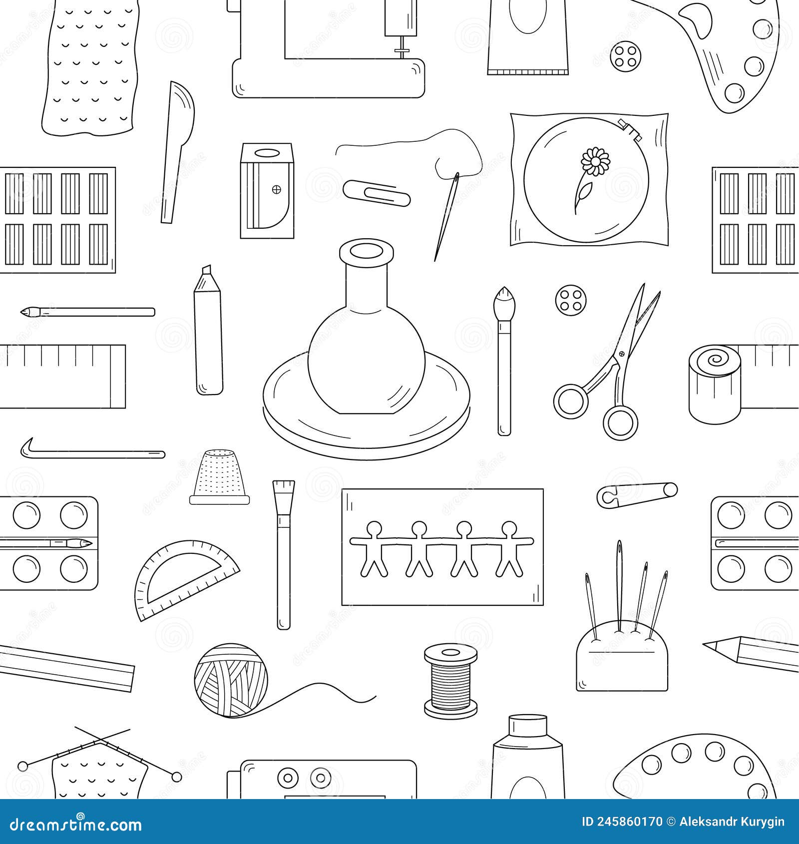 Hand Drawn Seamless Pattern with Crafting Elements. Tools for Sewing ...