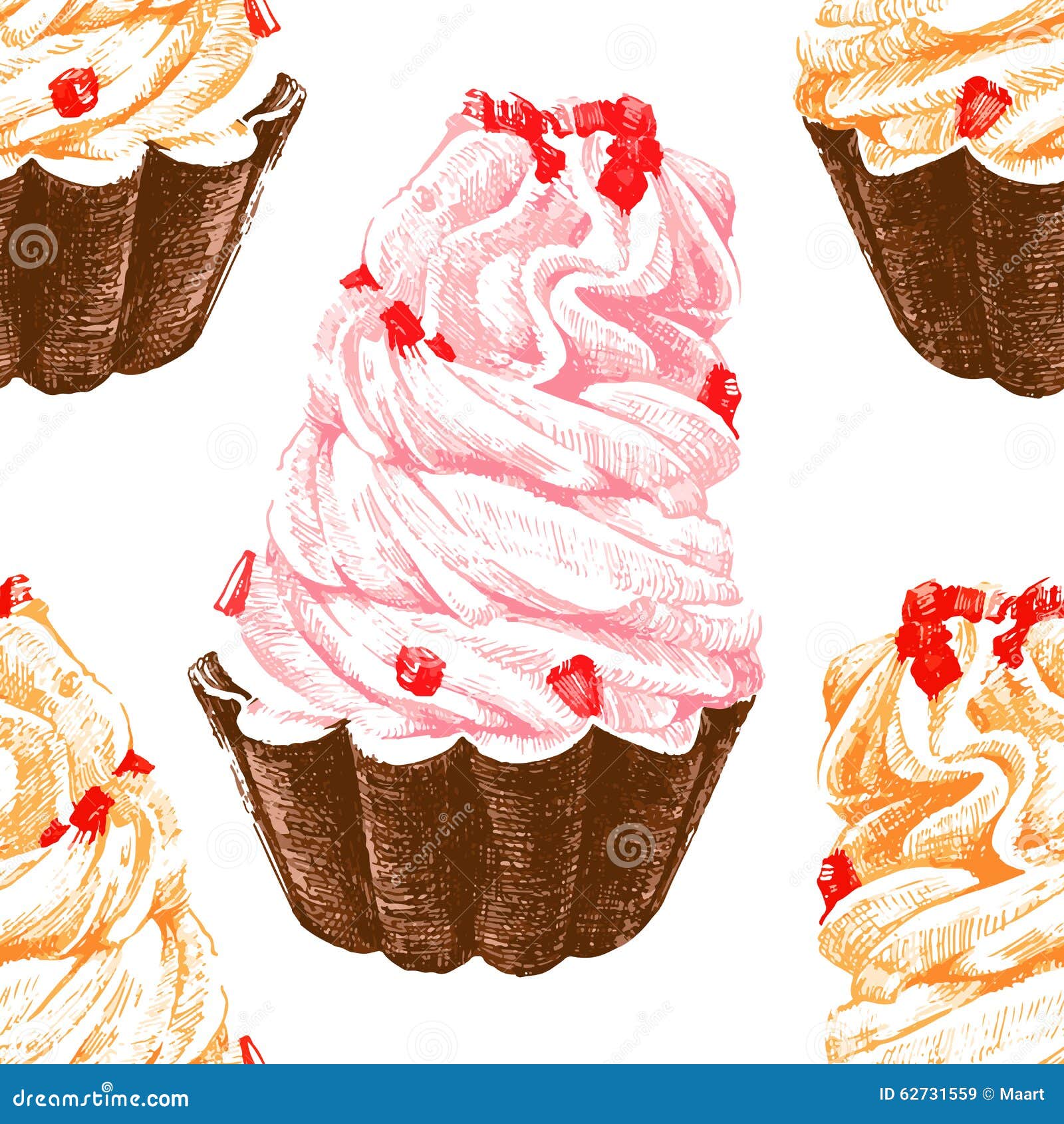 Hand Drawn Seamless Pattern with Cupcakes Stock Vector - Illustration ...
